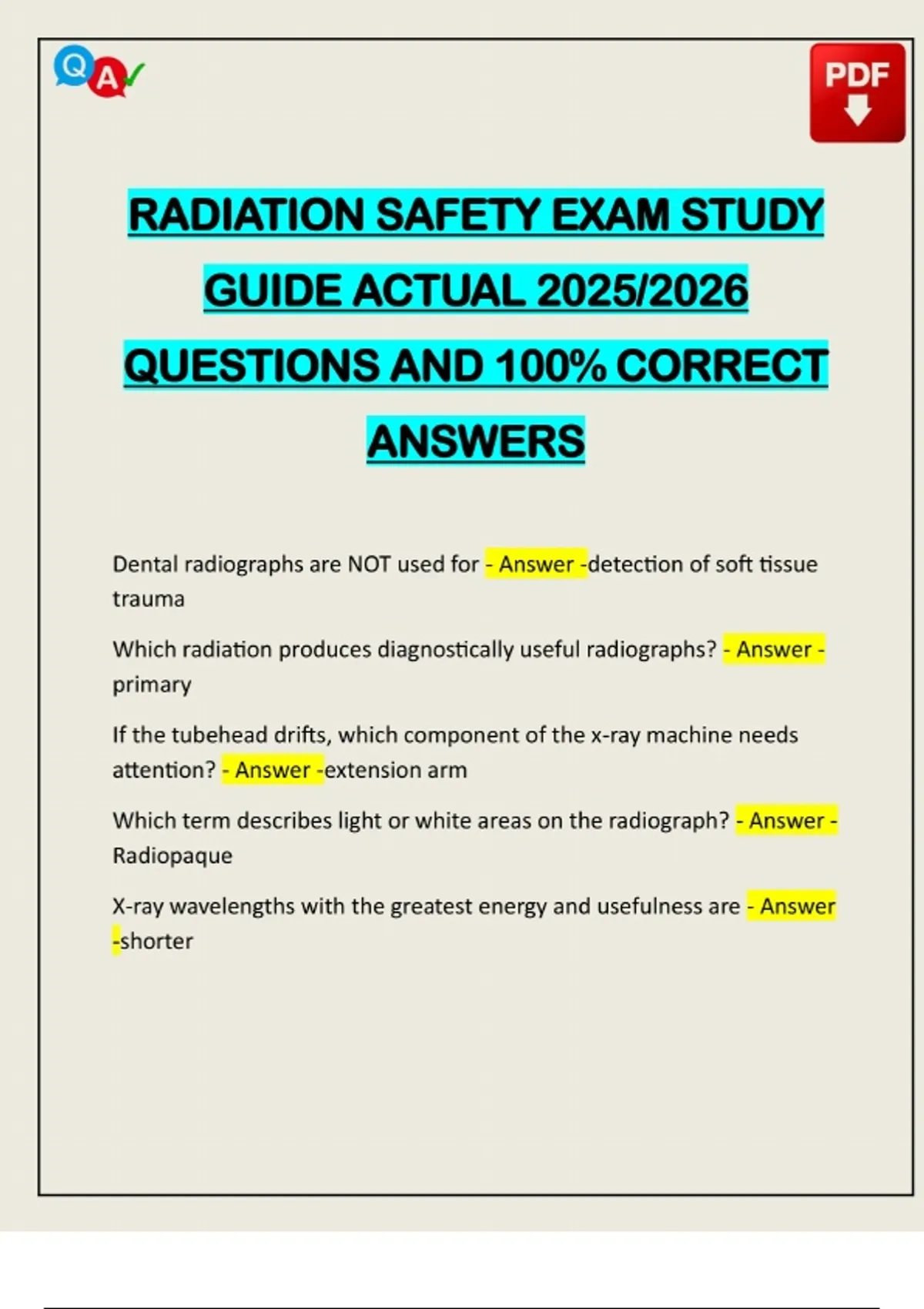 RADIATION SAFETY EXAM STUDY GUIDE ACTUAL 2025/2026 QUESTIONS AND 100% ...