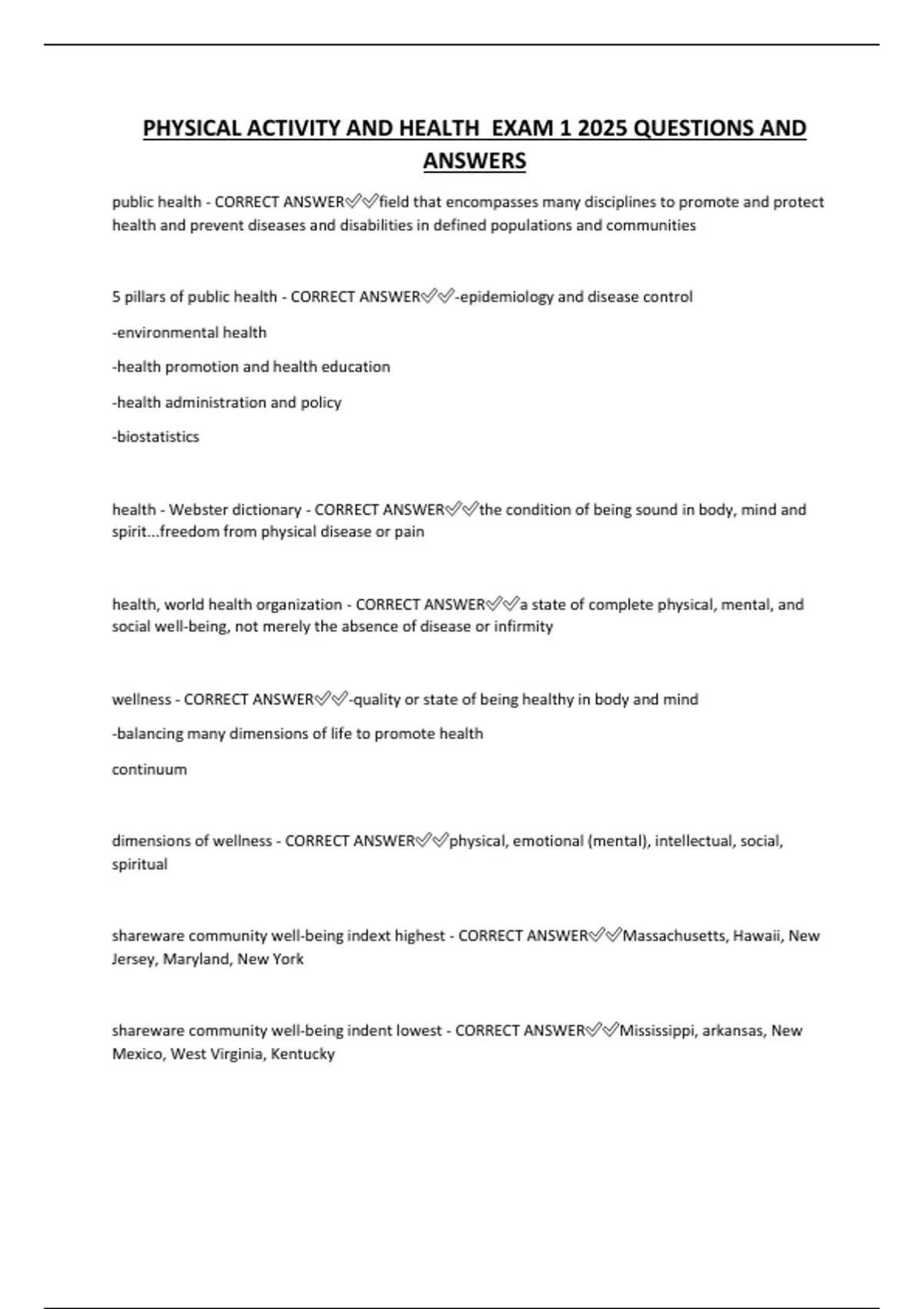 PHYSICAL ACTIVITY AND HEALTH EXAM 1 2025 QUESTIONS AND ANSWERS ...