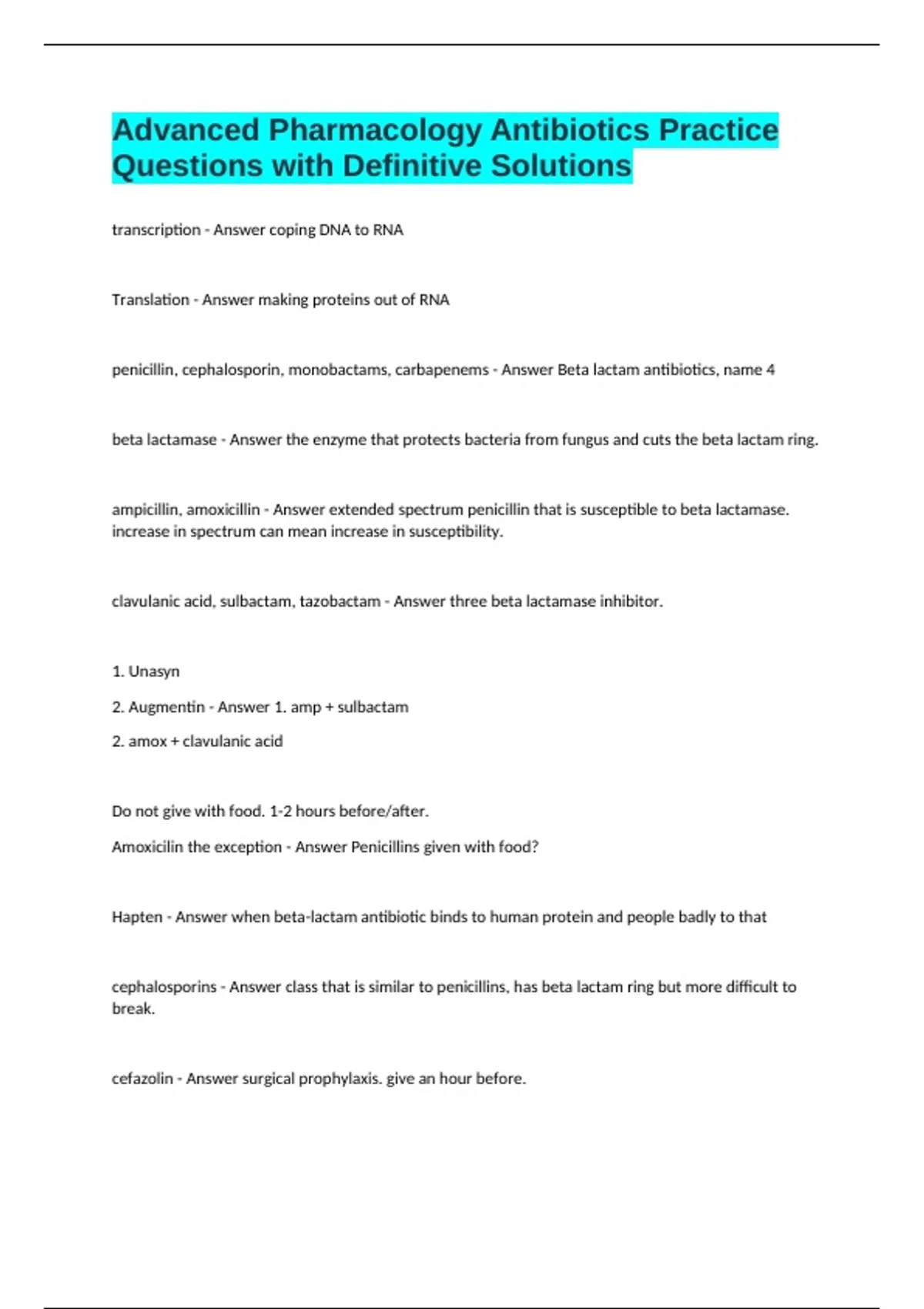 Advanced Pharmacology Antibiotics Practice Questions with Definitive ...