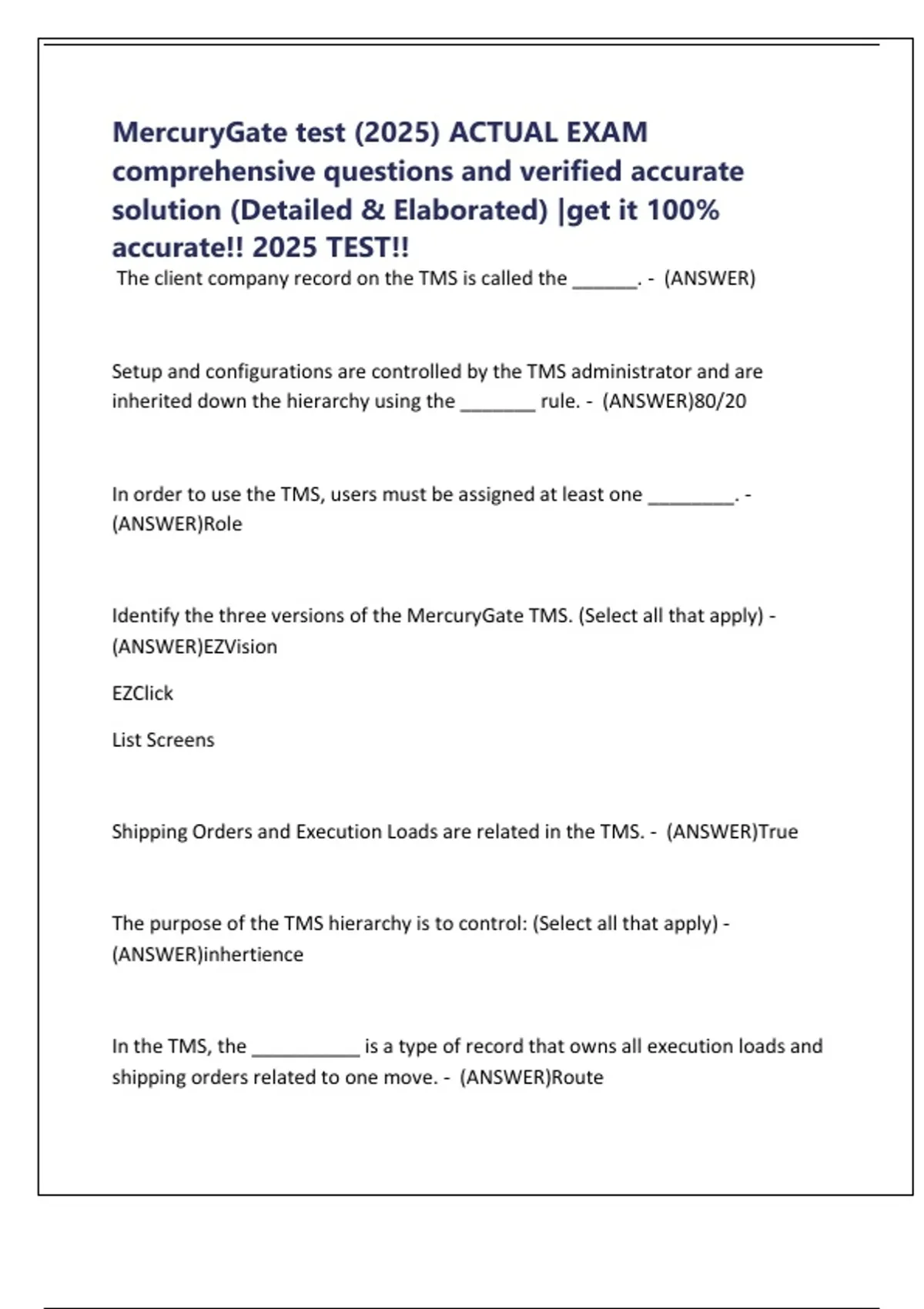 MercuryGate test (2025) ACTUAL EXAM comprehensive questions and ...