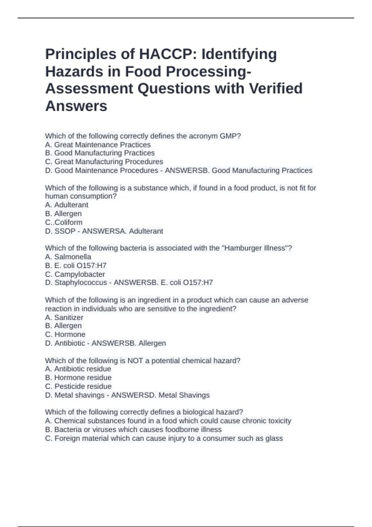 Principles of HACCP: Identifying Hazards in Food Processing- Assessment ...
