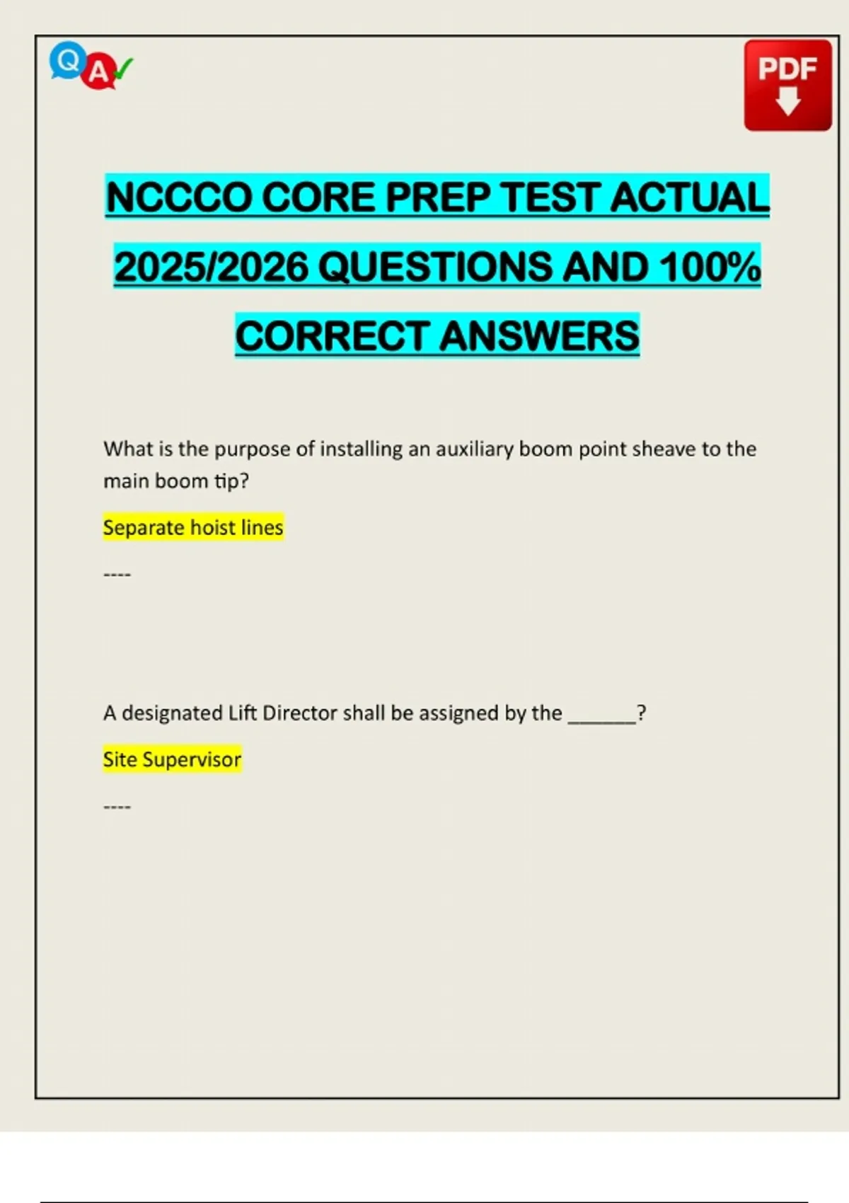 NCCCO CORE PREP TEST ACTUAL 2025/2026 QUESTIONS AND 100% CORRECT ...