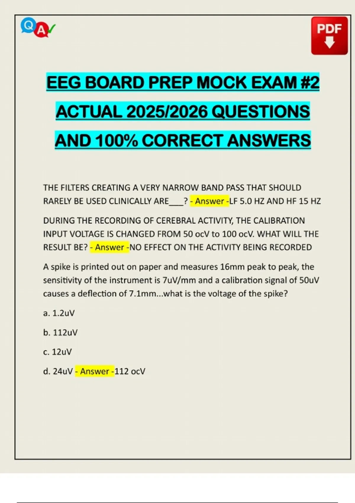 EEG BOARD PREP MOCK EXAM #2 ACTUAL 2025/2026 QUESTIONS AND 100% CORRECT ...