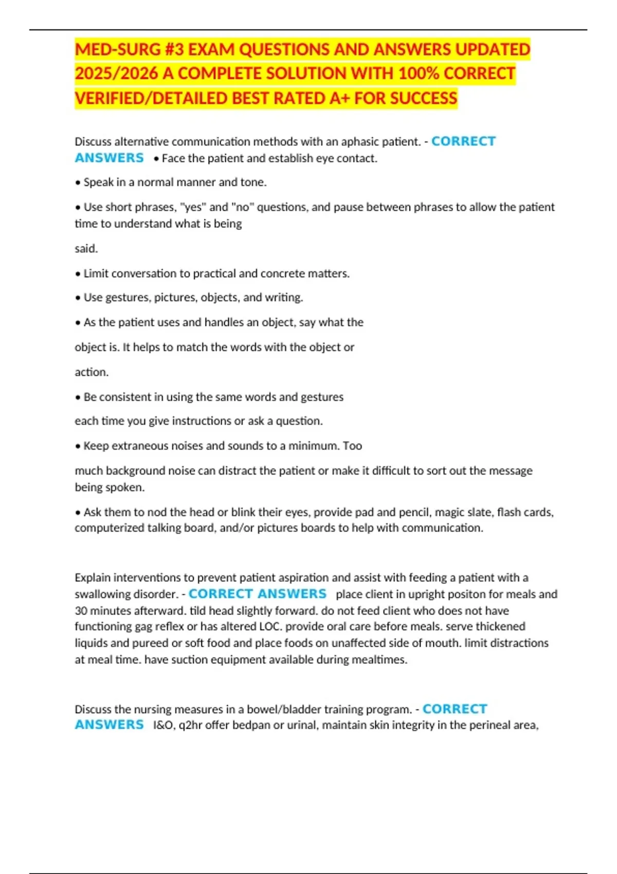 MED-SURG #3 EXAM QUESTIONS AND ANSWERS UPDATED 2025/2026 A COMPLETE ...