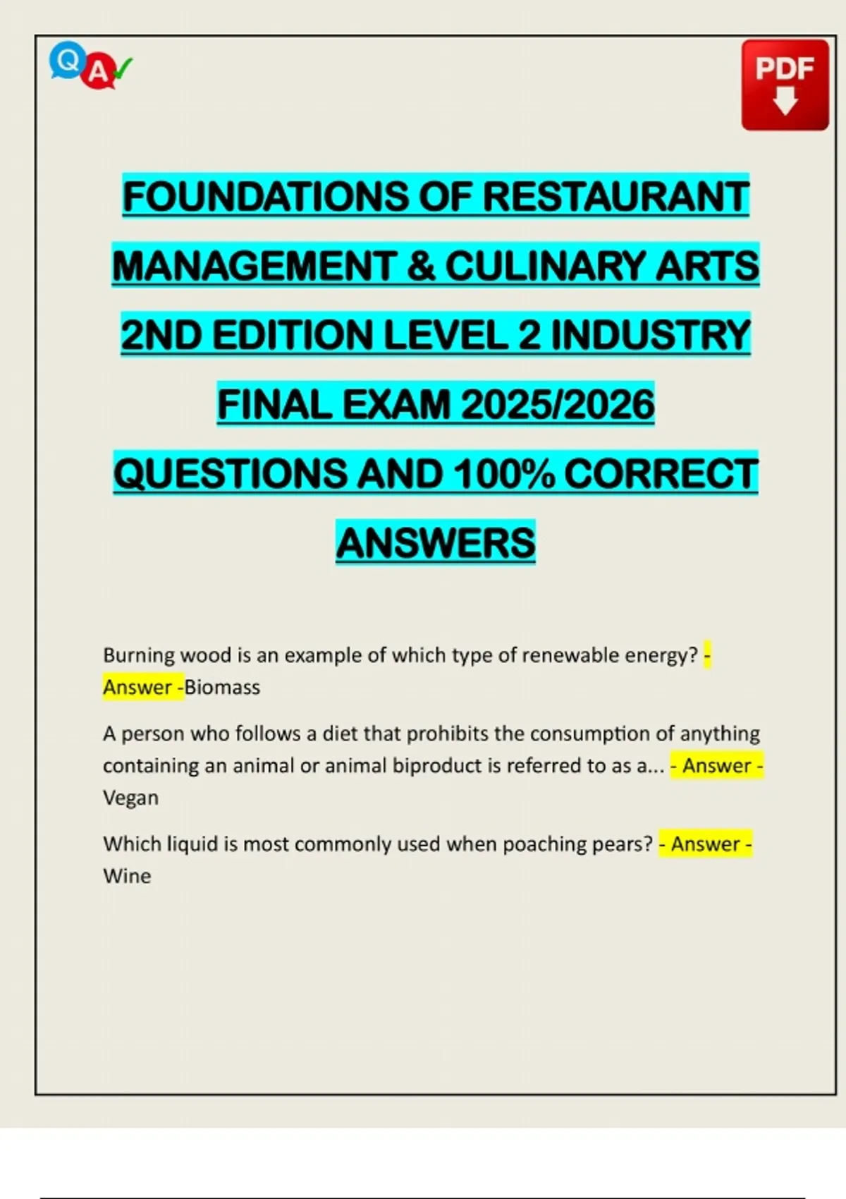 FOUNDATIONS OF RESTAURANT MANAGEMENT & CULINARY ARTS 2ND EDITION LEVEL ...