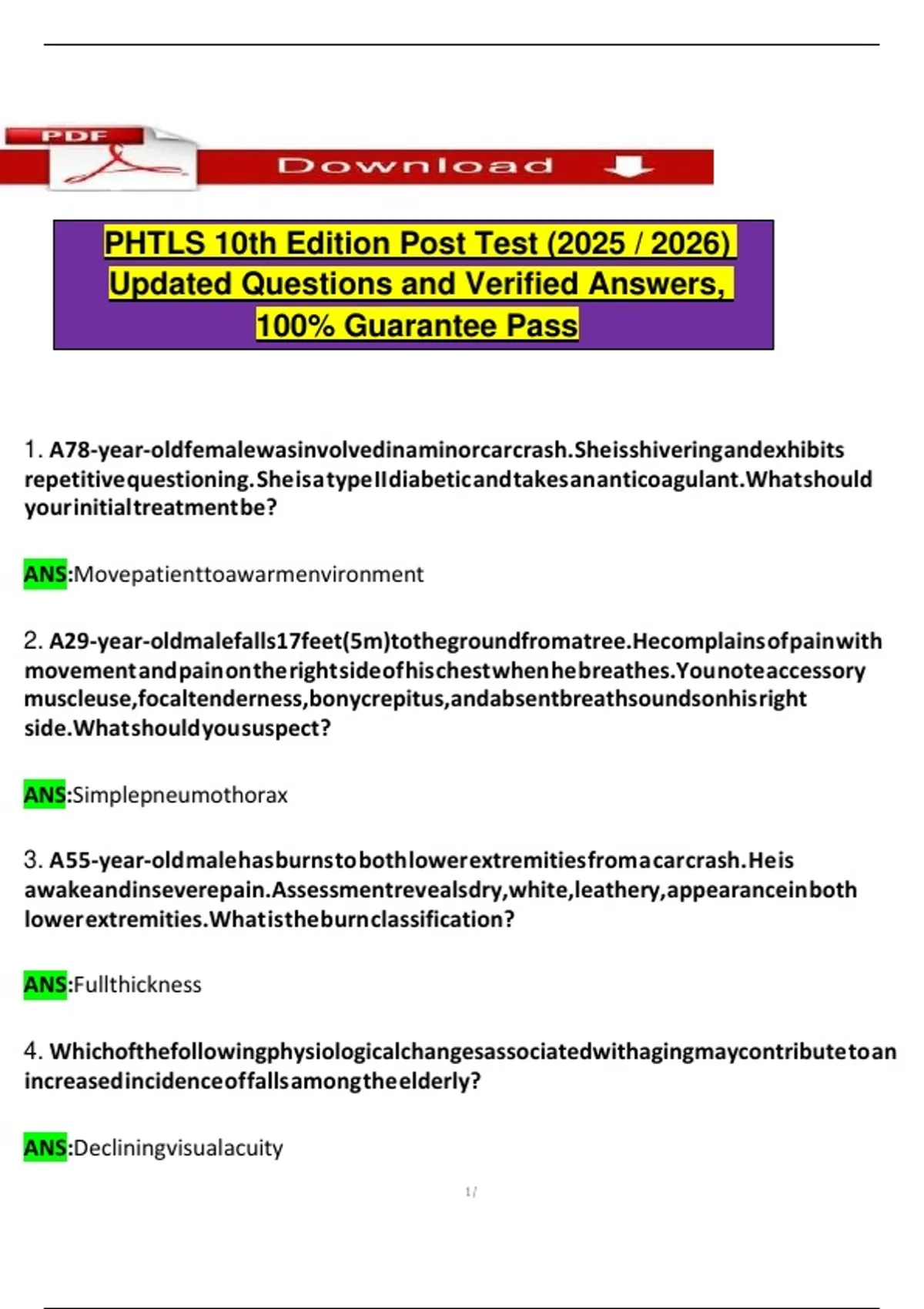 PHTLS 10th Edition Post Test (2025 / 2026) Updated Questions and ...