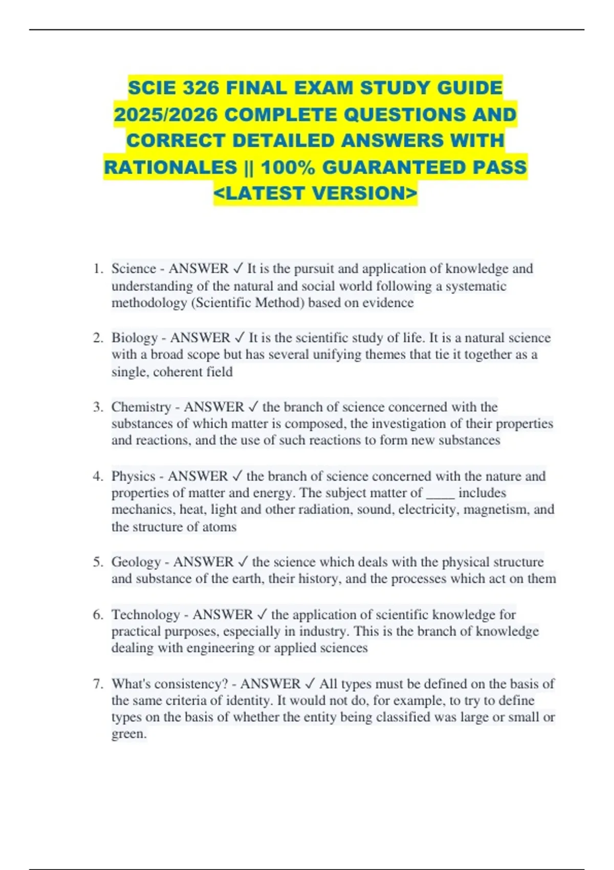 SCIE 326 FINAL EXAM STUDY GUIDE 2025/2026 COMPLETE QUESTIONS AND ...