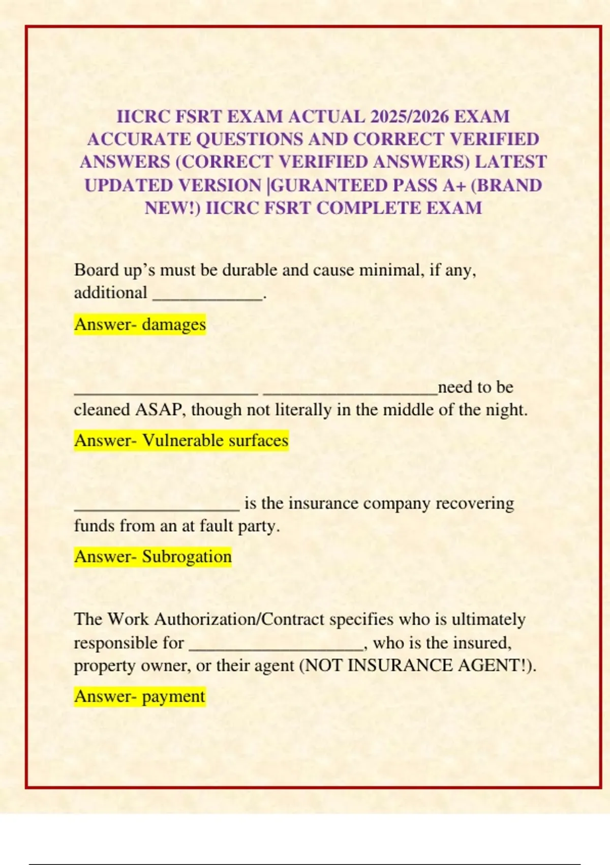 IICRC FSRT EXAM ACTUAL 2025/2026 EXAM ACCURATE QUESTIONS AND CORRECT ...