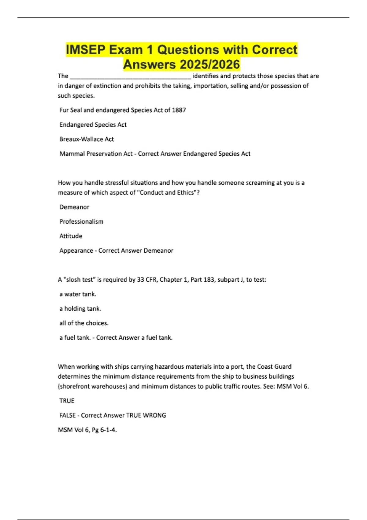 IMSEP Exam 1 Questions with Correct Answers 2025/2026 - IMSEP - Stuvia US