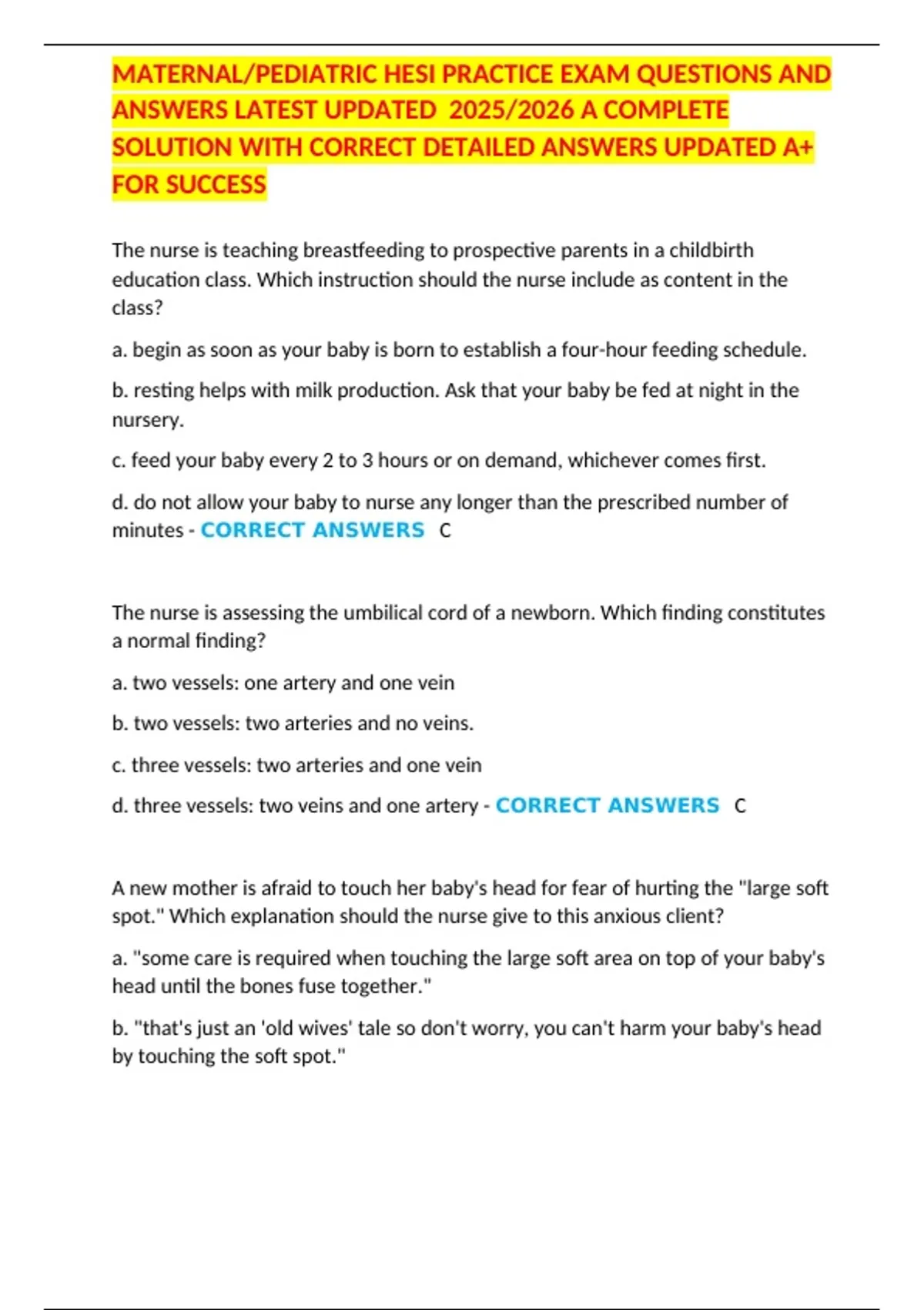 MATERNAL/PEDIATRIC HESI PRACTICE EXAM QUESTIONS AND ANSWERS LATEST ...