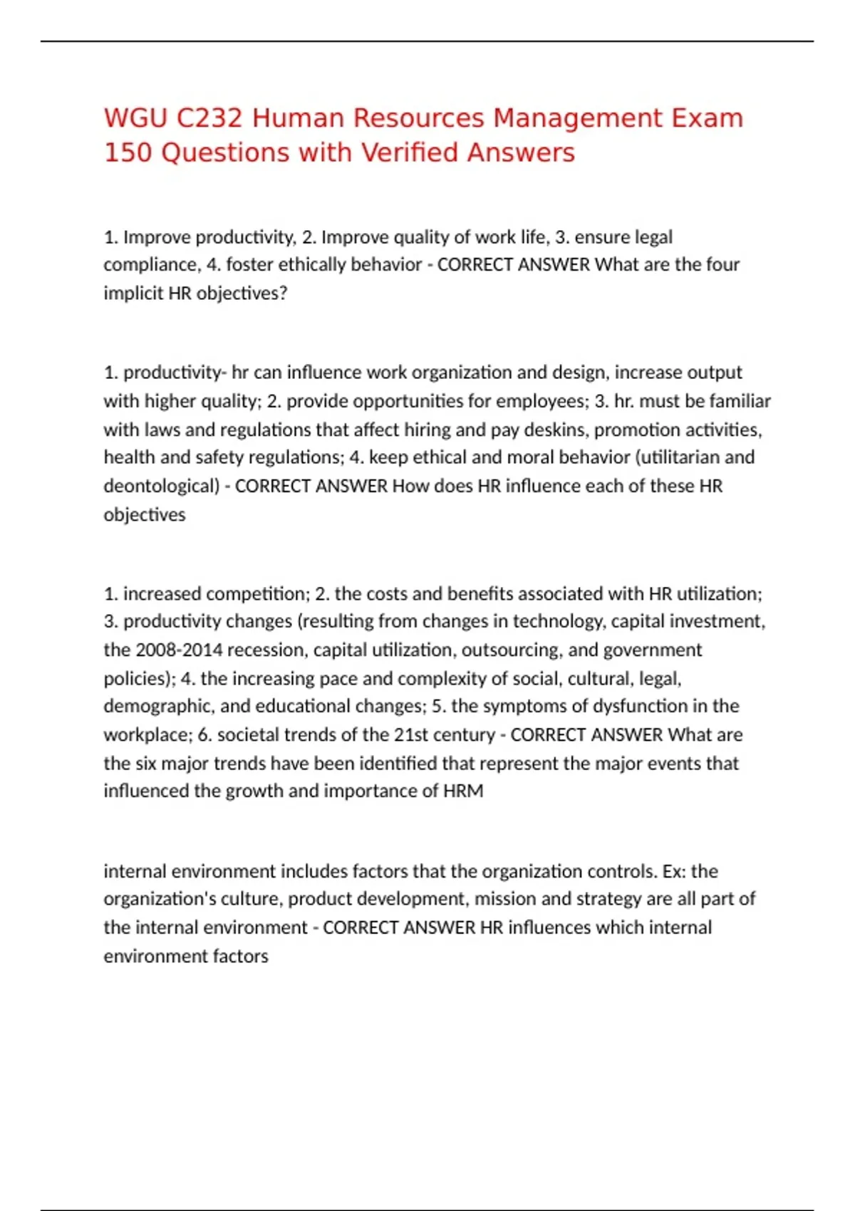 WGU C232 Human Resources Management Exam 150 Questions with Verified Answers,100%CORRECT - WGU ...