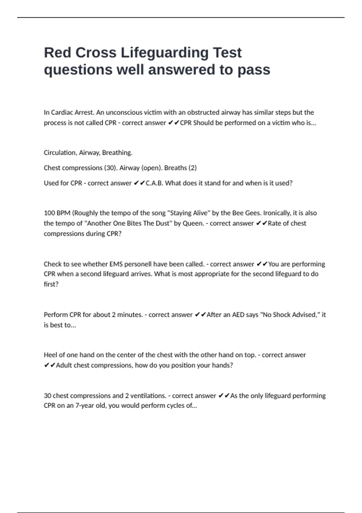 Red Cross Lifeguarding Test questions well answered to pass - Red cross ...