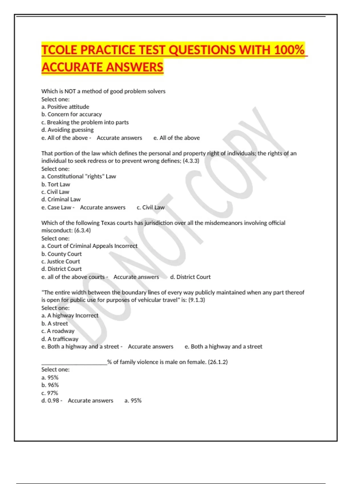 TCOLE PRACTICE TEST QUESTIONS WITH 100% ACCURATE ANSWERS - TCOLE ...