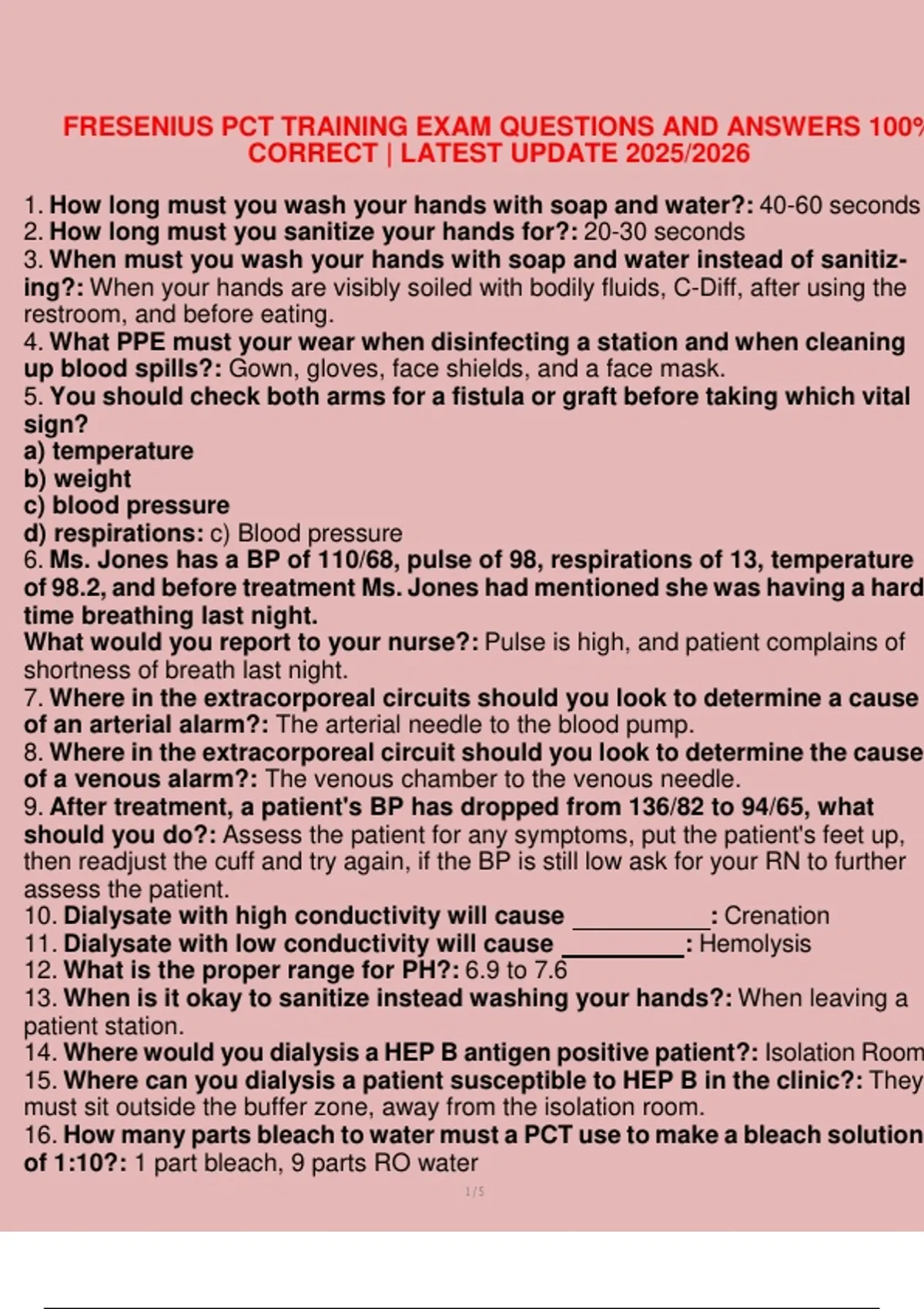 Fresenius PCT Training Exam Questions and Answers (2025/2026) | 100% ...