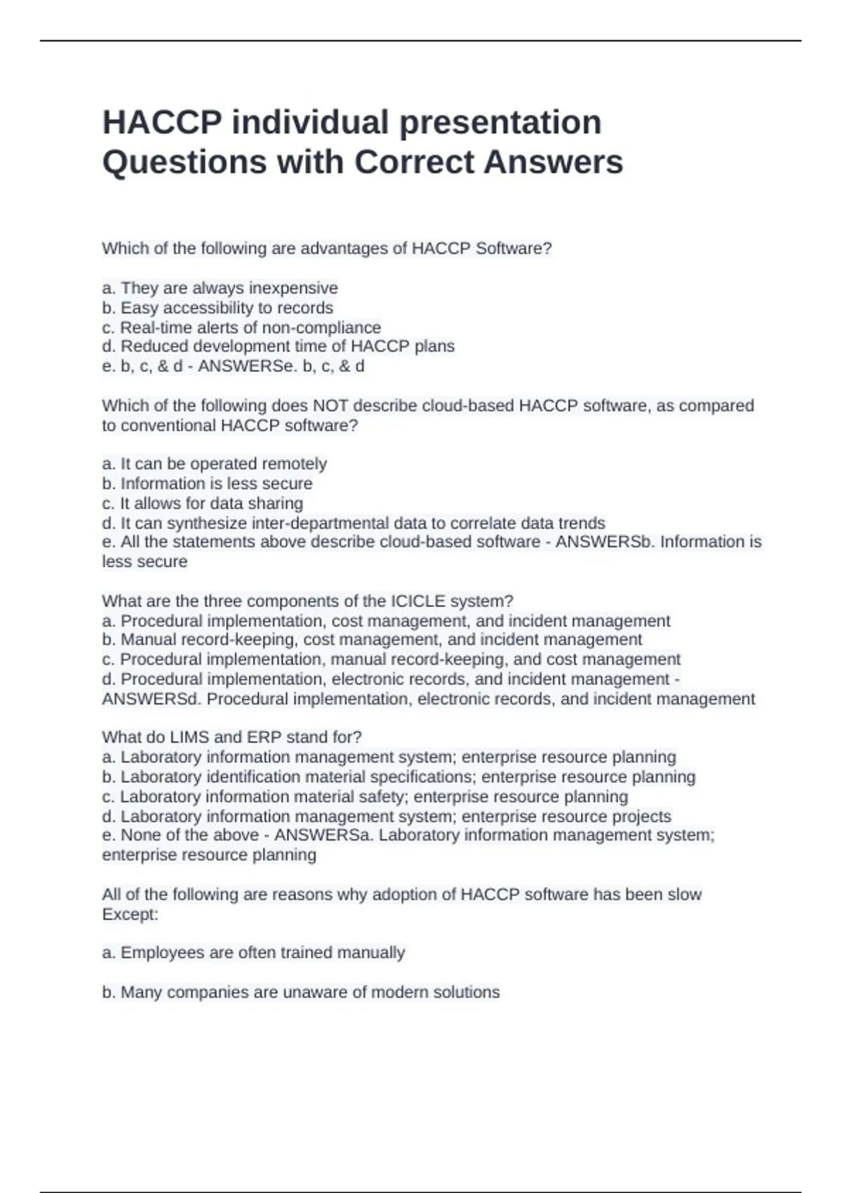 HACCP individual presentation Questions with Correct Answers - HACCP ...