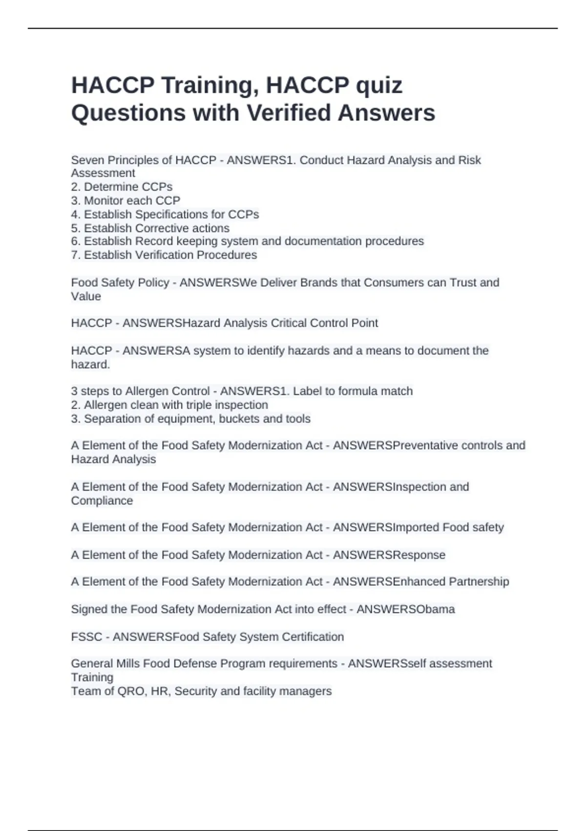HACCP Training, HACCP quiz Questions with Verified Answers - HACCP ...