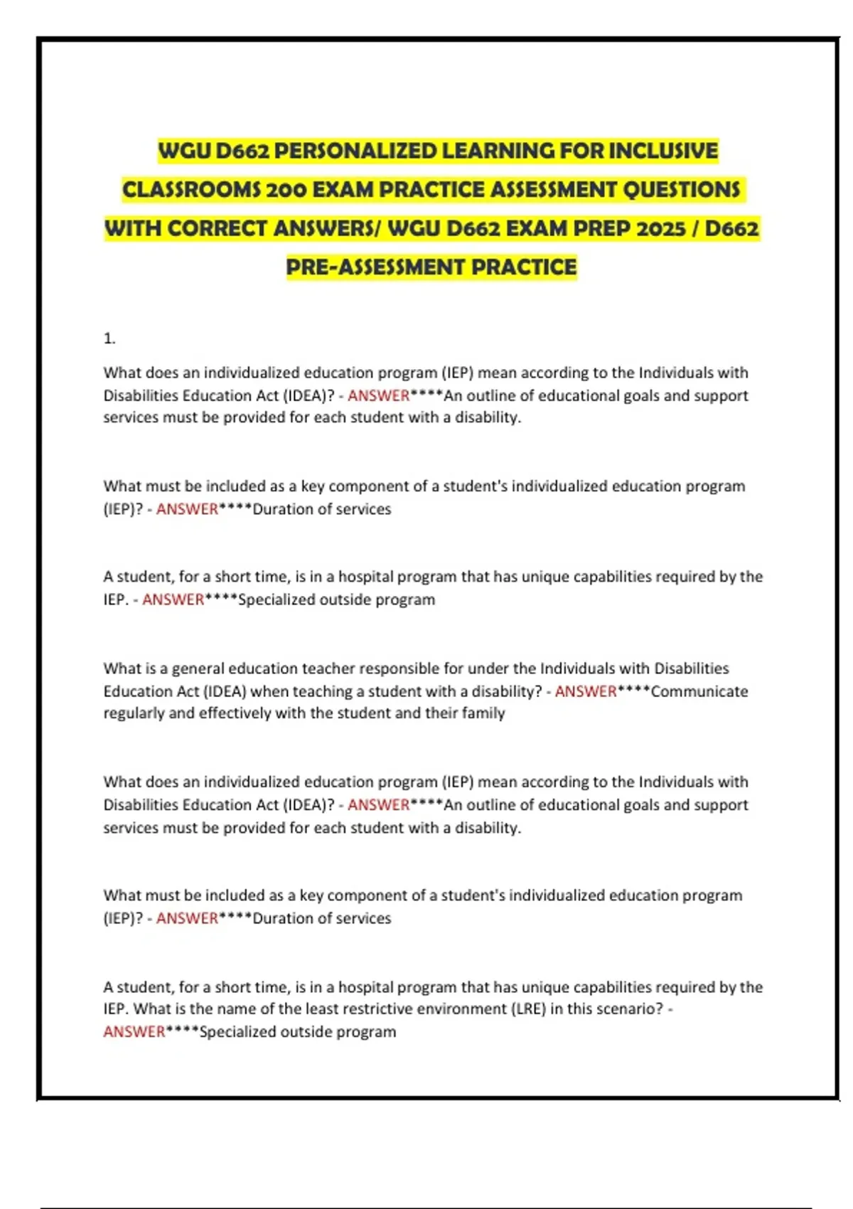 WGU D662 PERSONALIZED LEARNING FOR INCLUSIVE CLASSROOMS 200 EXAM ...