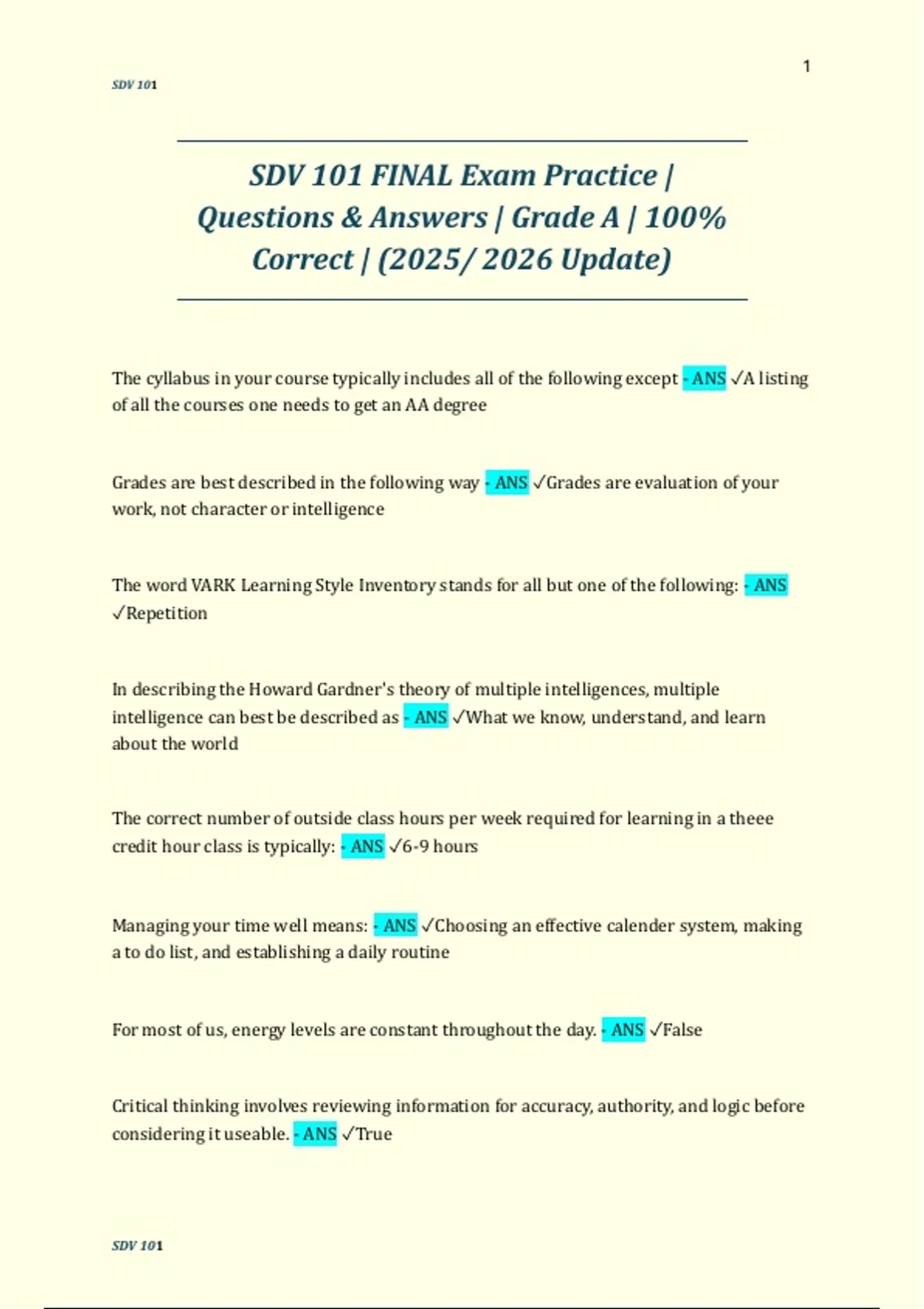 SDV 101 FINAL Exam Practice | Questions & Answers | Grade A | 100% ...