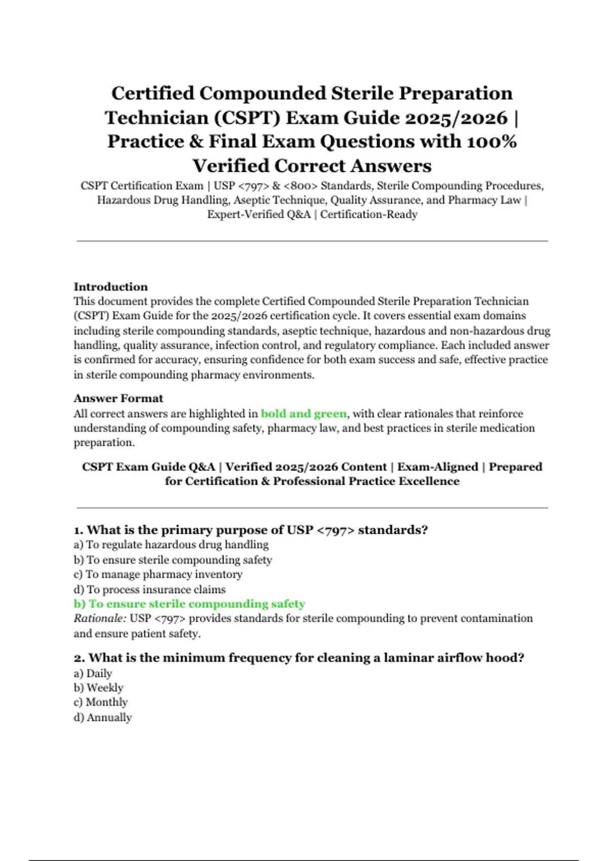 Certified Compounded Sterile Preparation Technician (CSPT) Exam Guide 2025/2026 – Practice ...