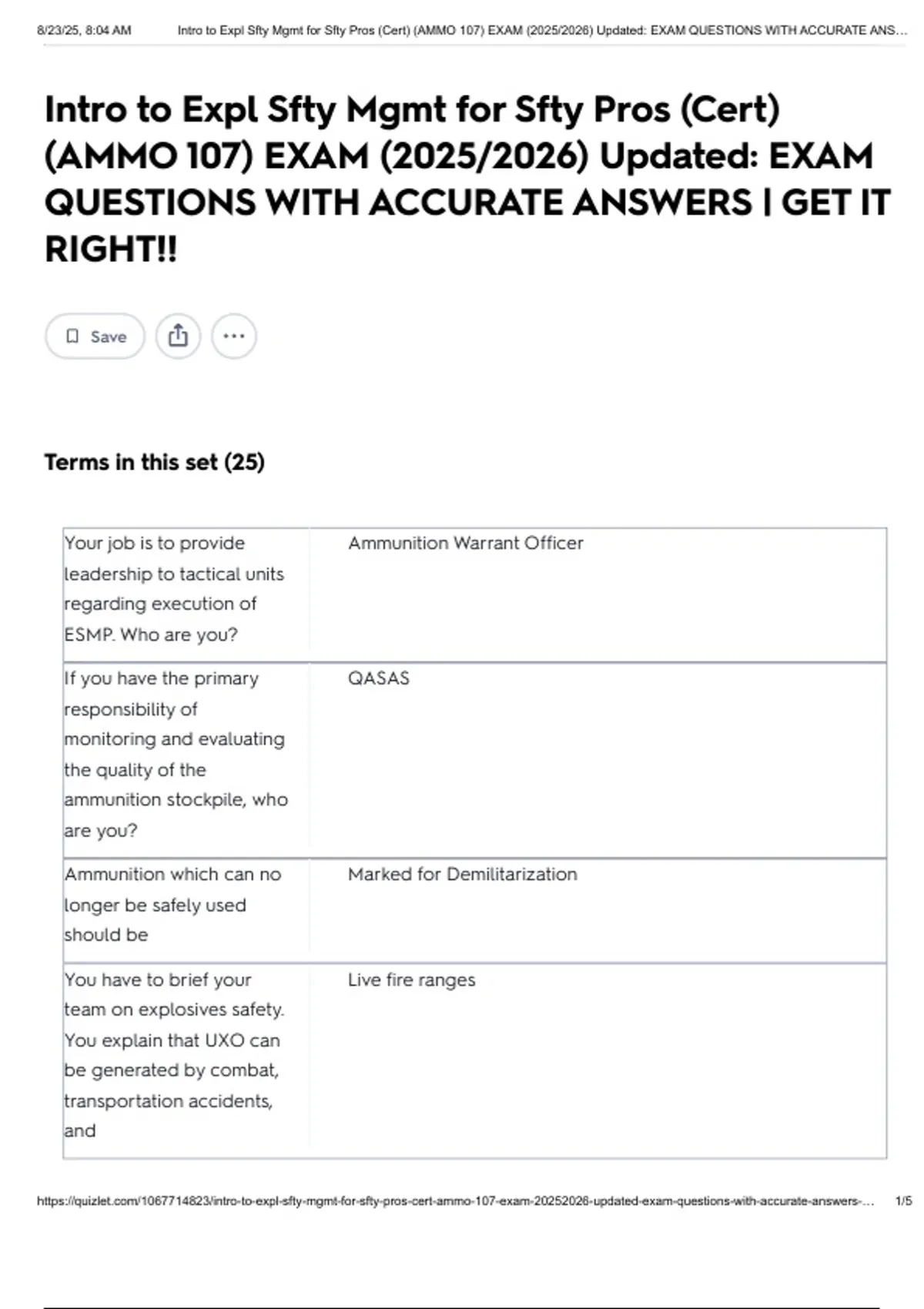 Intro to Expl Sfty Mgmt for Sfty Pros (Cert) (AMMO 107) EXAM (2025/2026) Updated: EXAM QUESTIONS ...