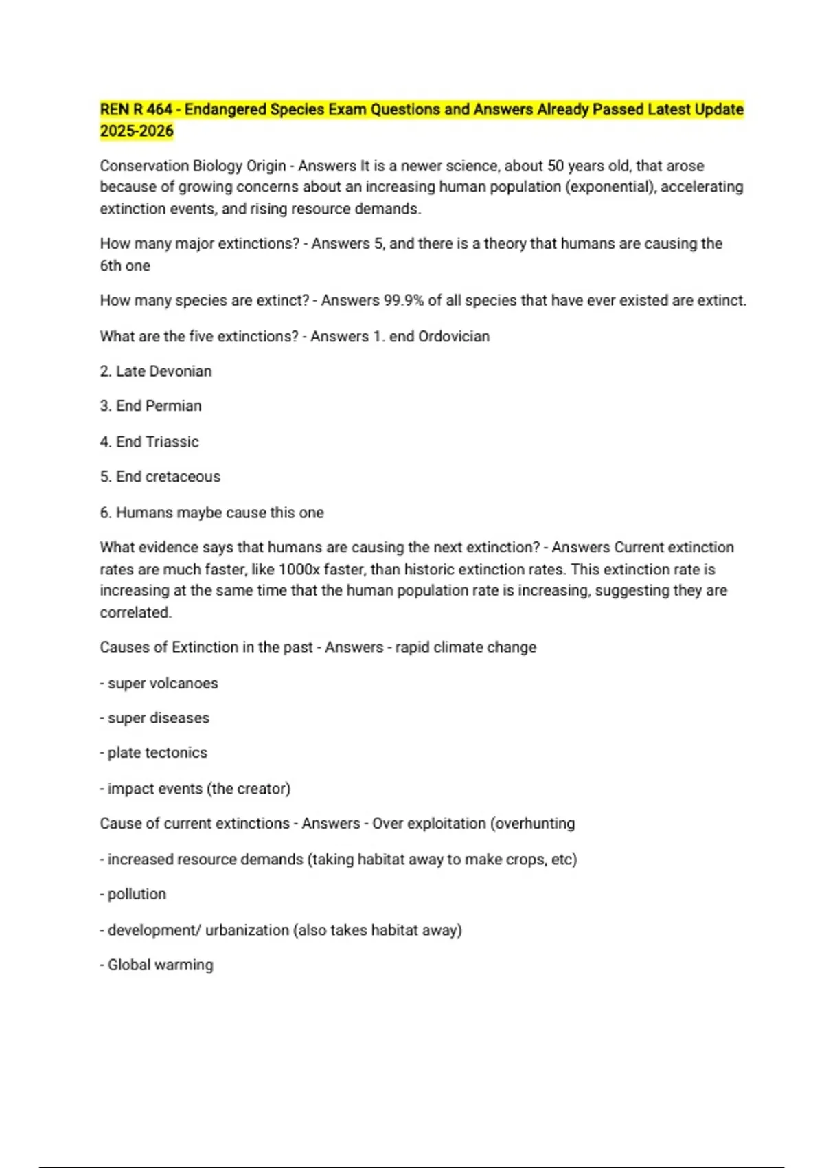 REN R 464 - Endangered Species Exam Questions and Answers Already ...
