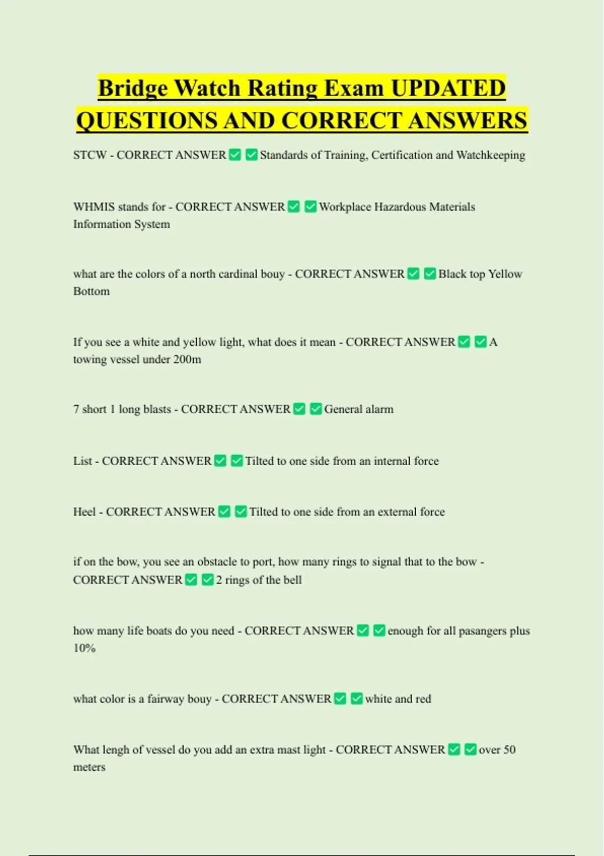 Bridge Watch Rating Exam UPDATED QUESTIONS AND CORRECT ANSWERS - Bridge ...