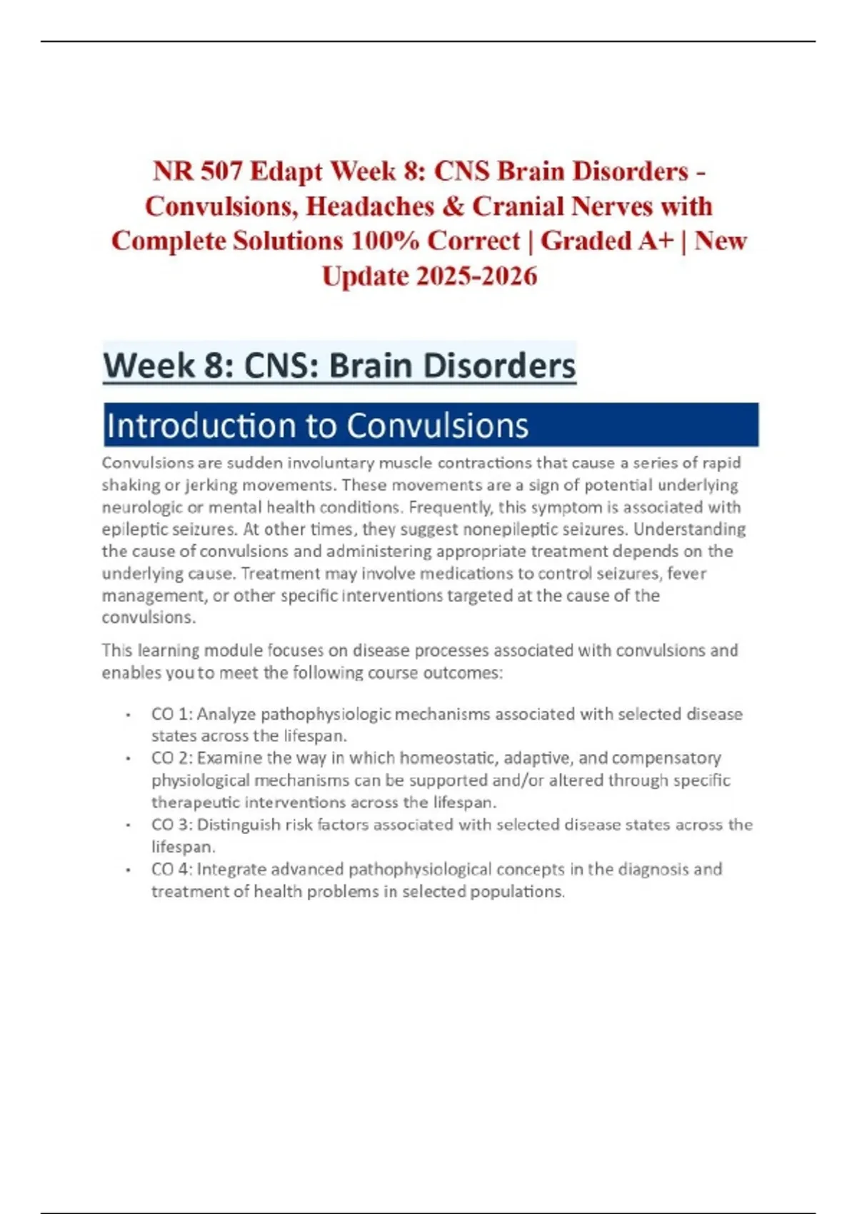 NR 507 Edapt Week 8: CNS Brain Disorders - Convulsions, Headaches ...