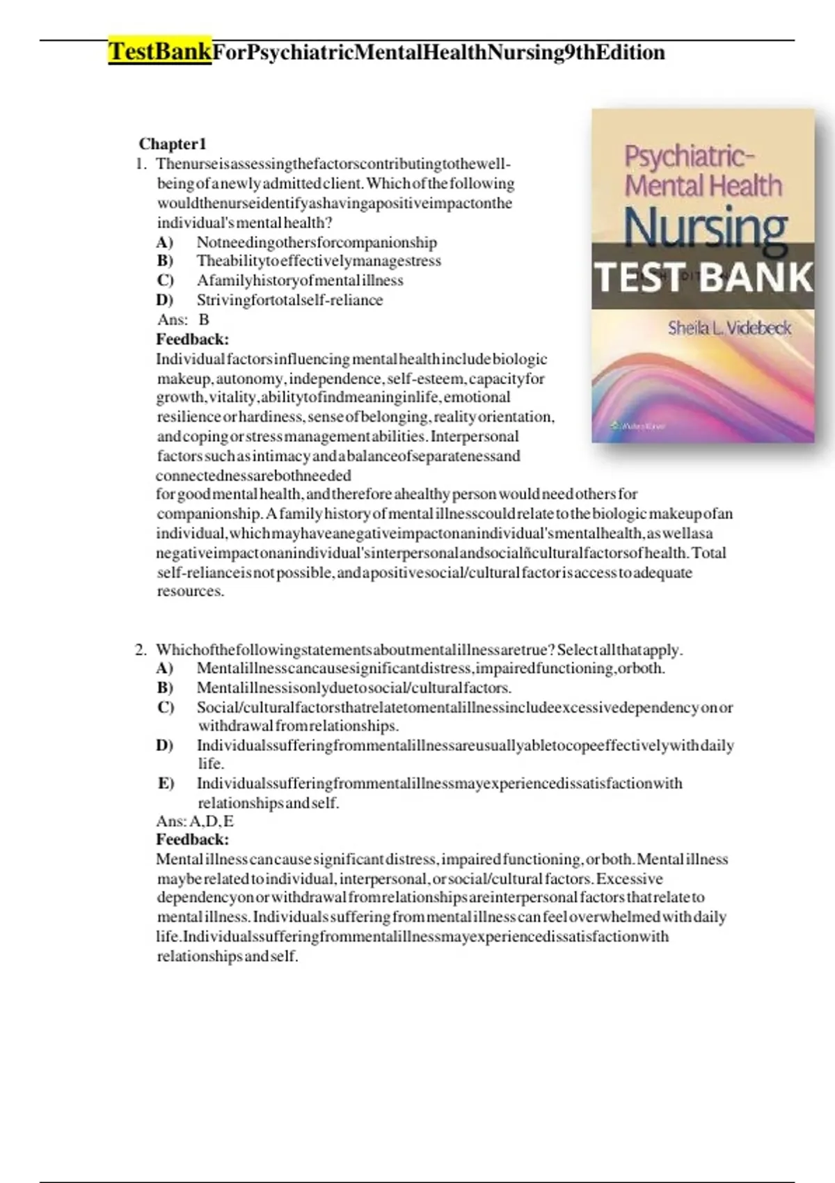 TEST BANK FOR Psychiatric Mental Health Nursing 9th Edition|ISBN ...