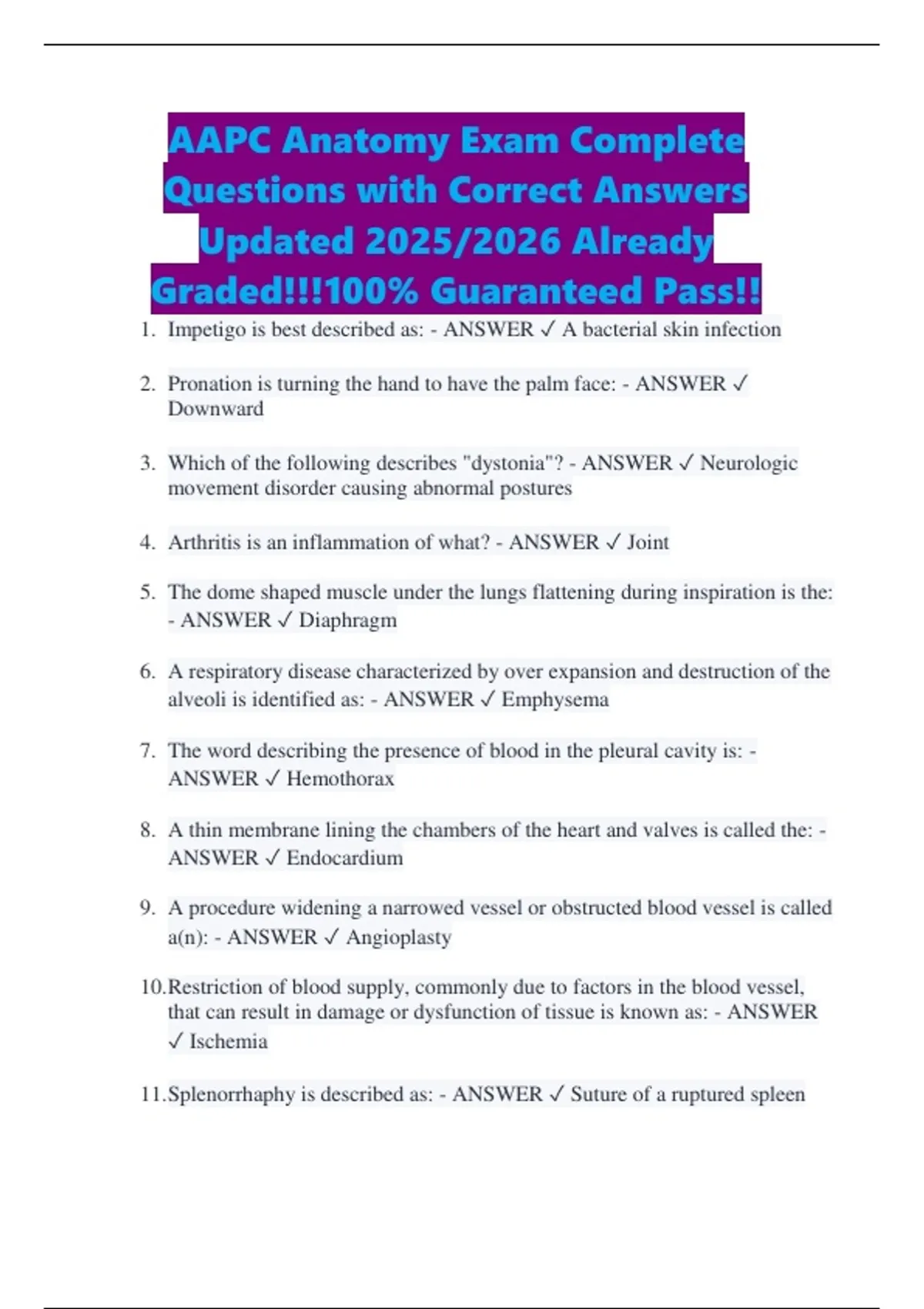 AAPC Anatomy Exam Complete Questions with Correct Answers Updated 2025/ ...