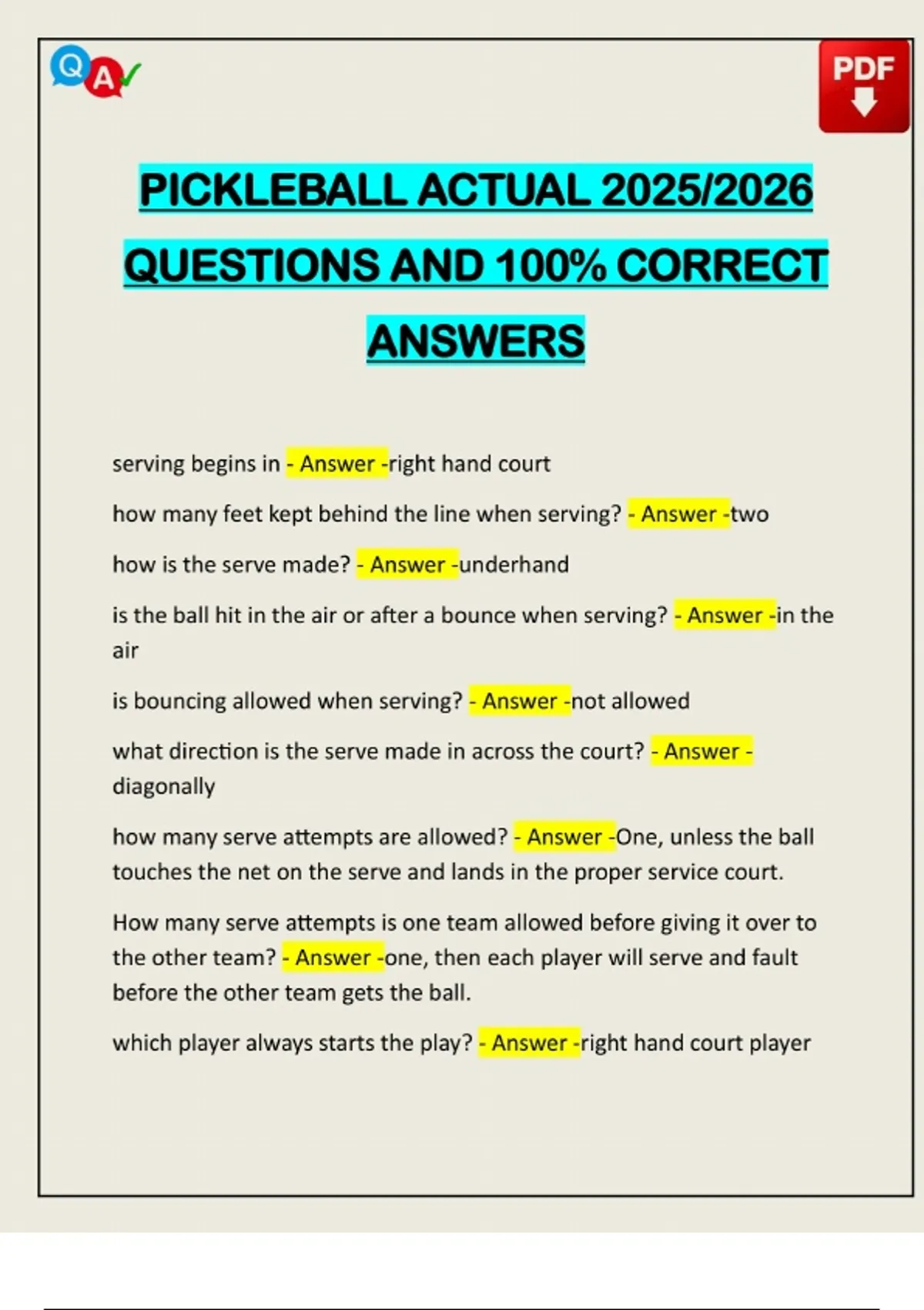 PICKLEBALL ACTUAL 2025/2026 QUESTIONS AND 100% CORRECT ANSWERS ...