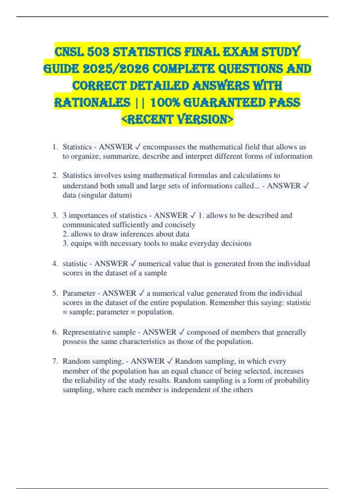 CNSL 503 Statistics FINAL EXAM STUDY GUIDE 2025/2026 COMPLETE QUESTIONS AND CORRECT DETAILED ...