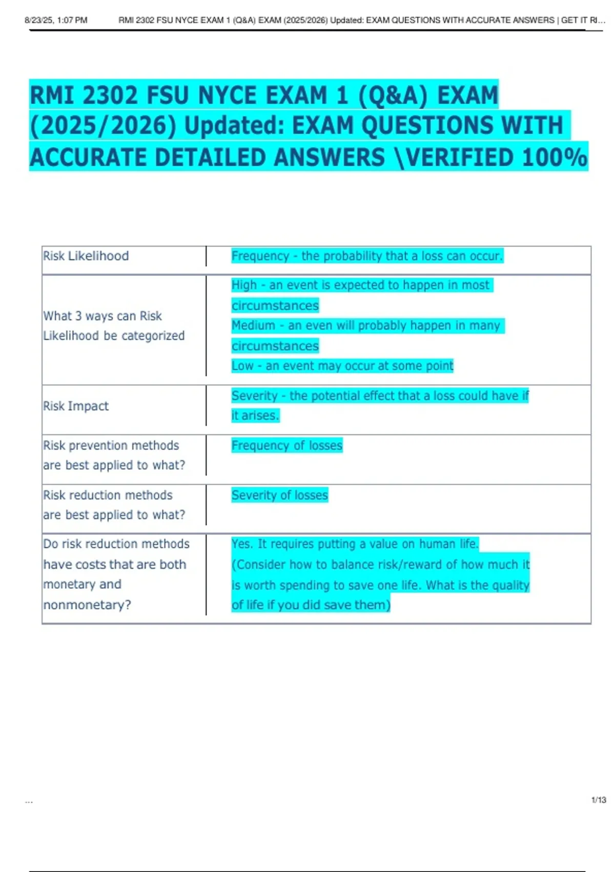 RMI 2302 FSU NYCE EXAM 1 (Q&A) EXAM (2025/2026) Updated: EXAM QUESTIONS ...