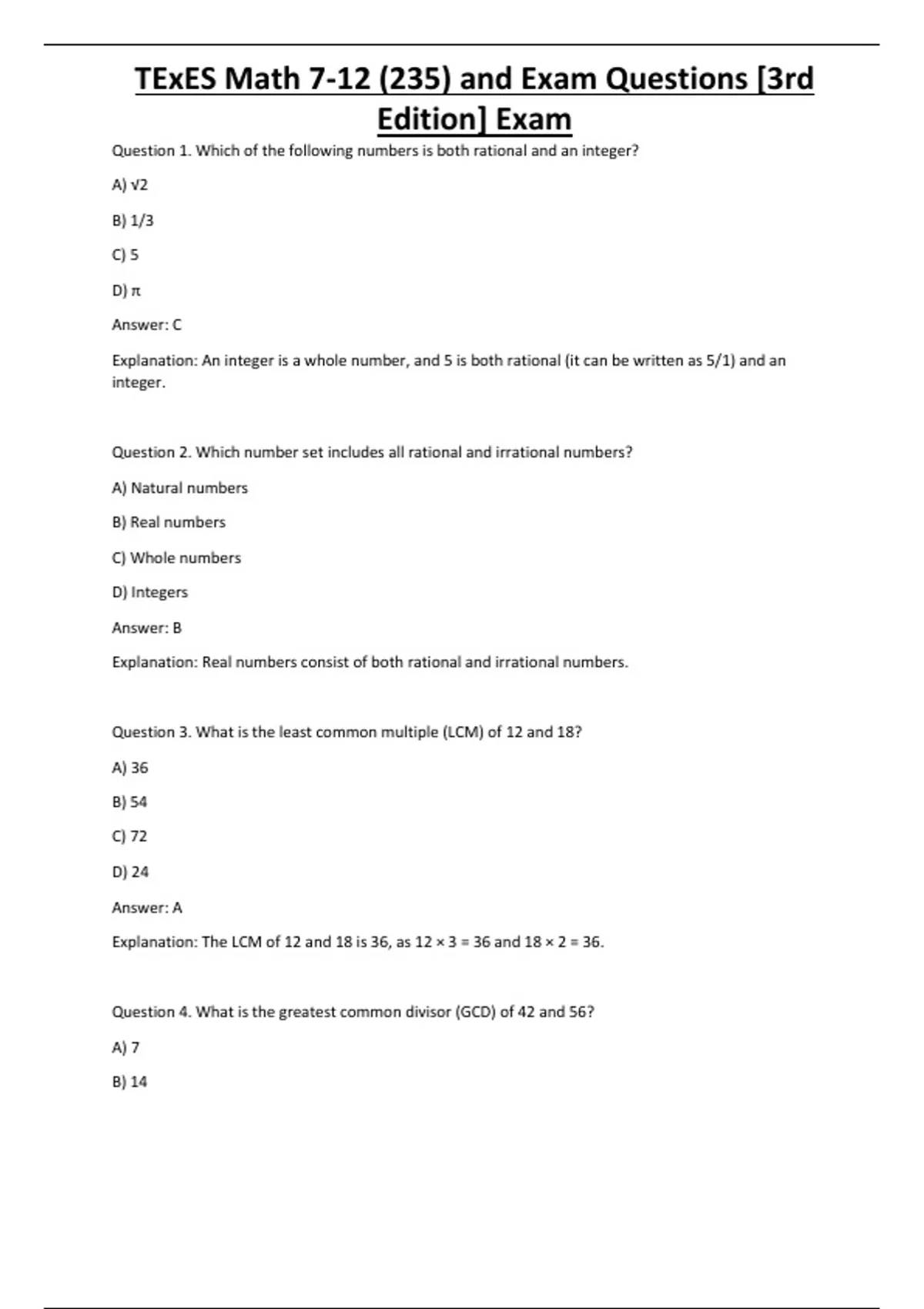 TExES Math 7-12 (235) and Exam Questions [3rd Edition] Exam - Computer ...