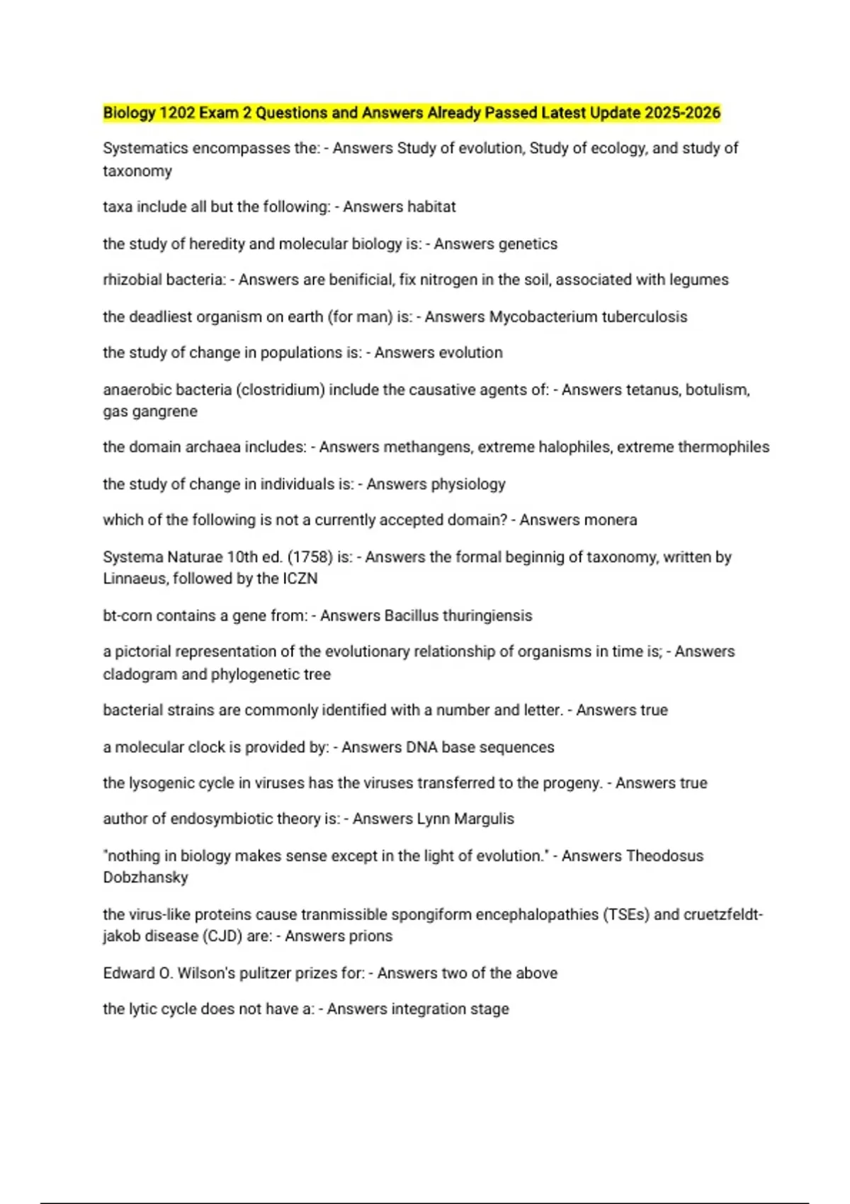 Biology 1202 Exam 2 Questions and Answers Already Passed Latest Update ...