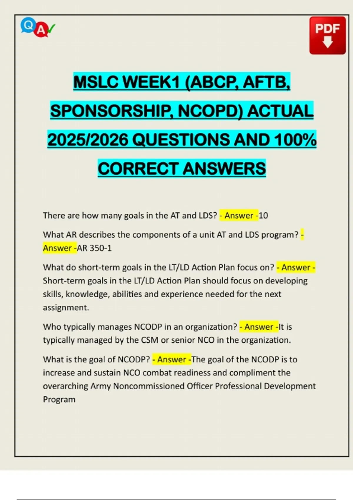 MSLC WEEK1 (ABCP, AFTB, SPONSORSHIP, NCOPD) ACTUAL 2025/2026 QUESTIONS ...