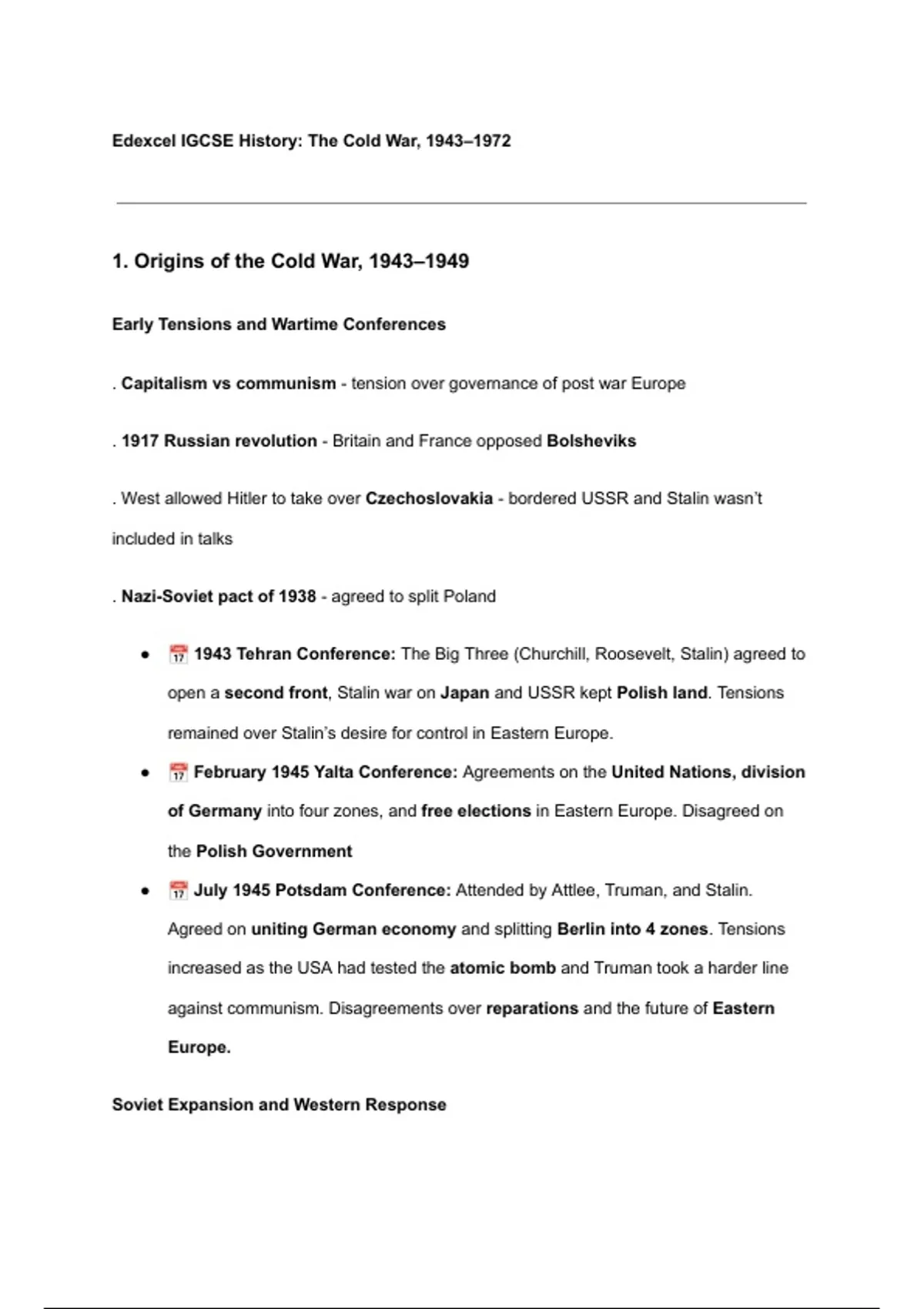 Summary Edexcel IGCSE History revision document - Superpower Relations ...