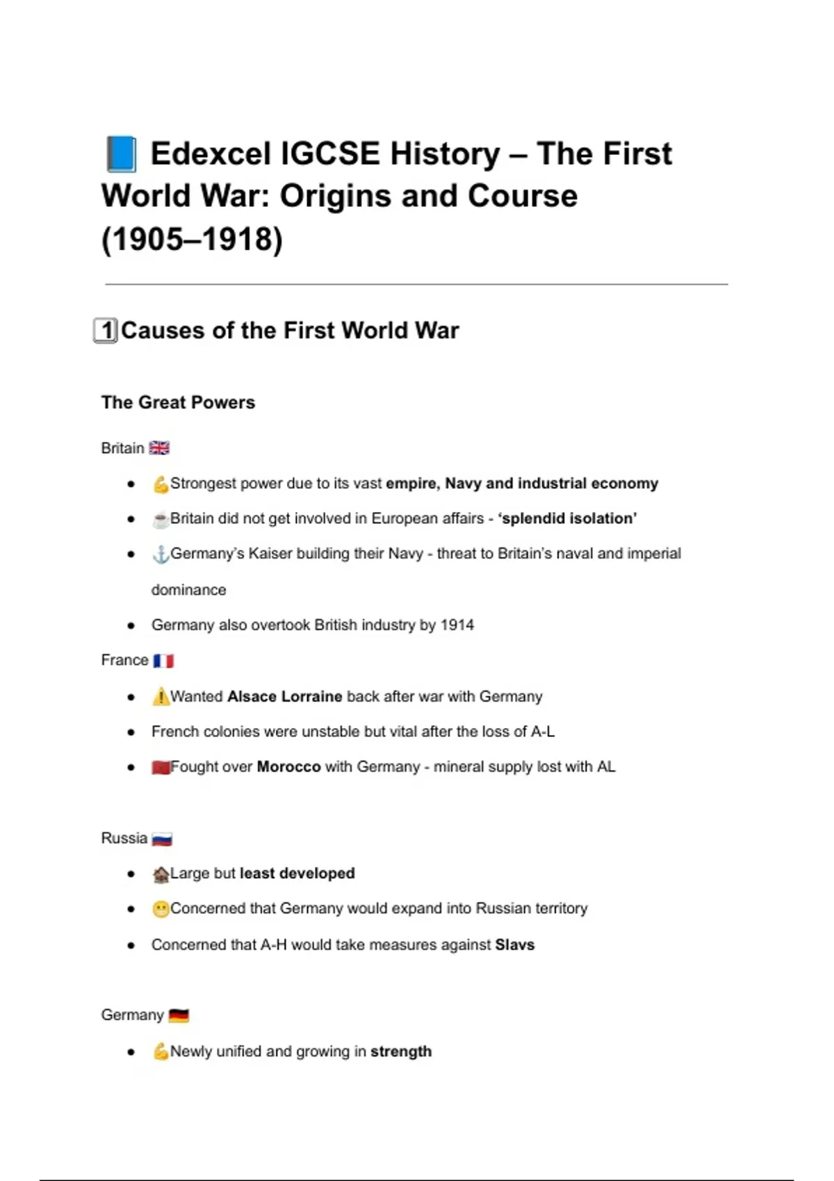 Summary Edexcel IGCSE History Revision Document - First World War ...