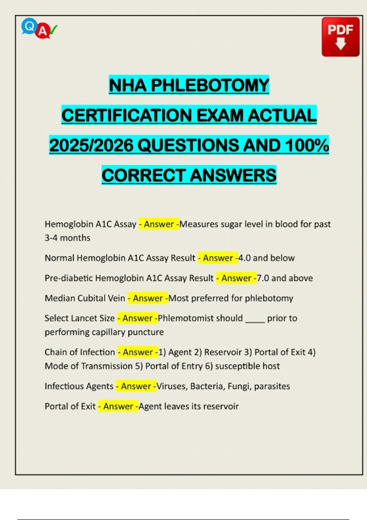 NHA PHLEBOTOMY CERTIFICATION EXAM ACTUAL 2025/2026 QUESTIONS AND 100% ...