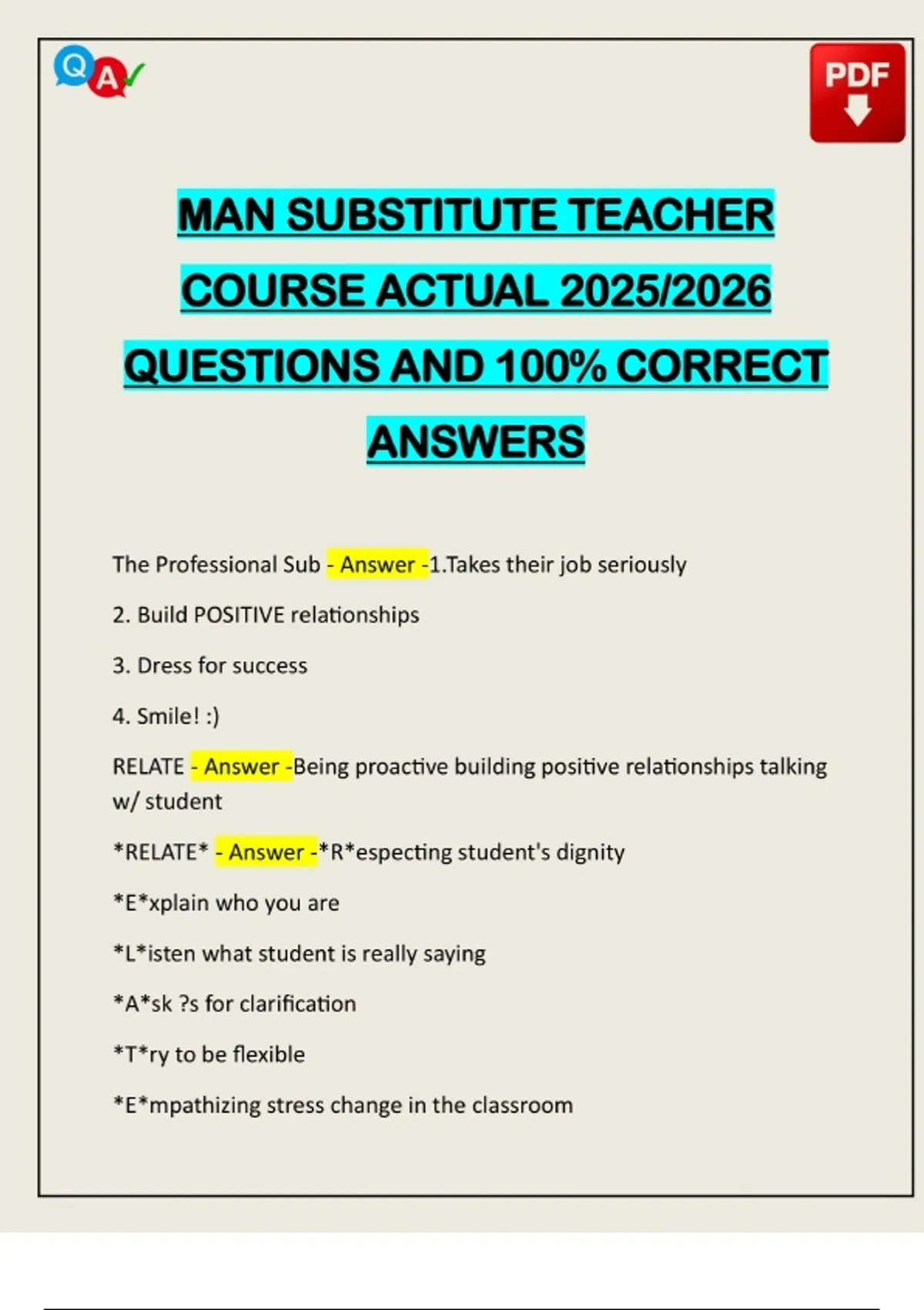MAN SUBSTITUTE TEACHER COURSE ACTUAL 2025/2026 QUESTIONS AND 100% ...