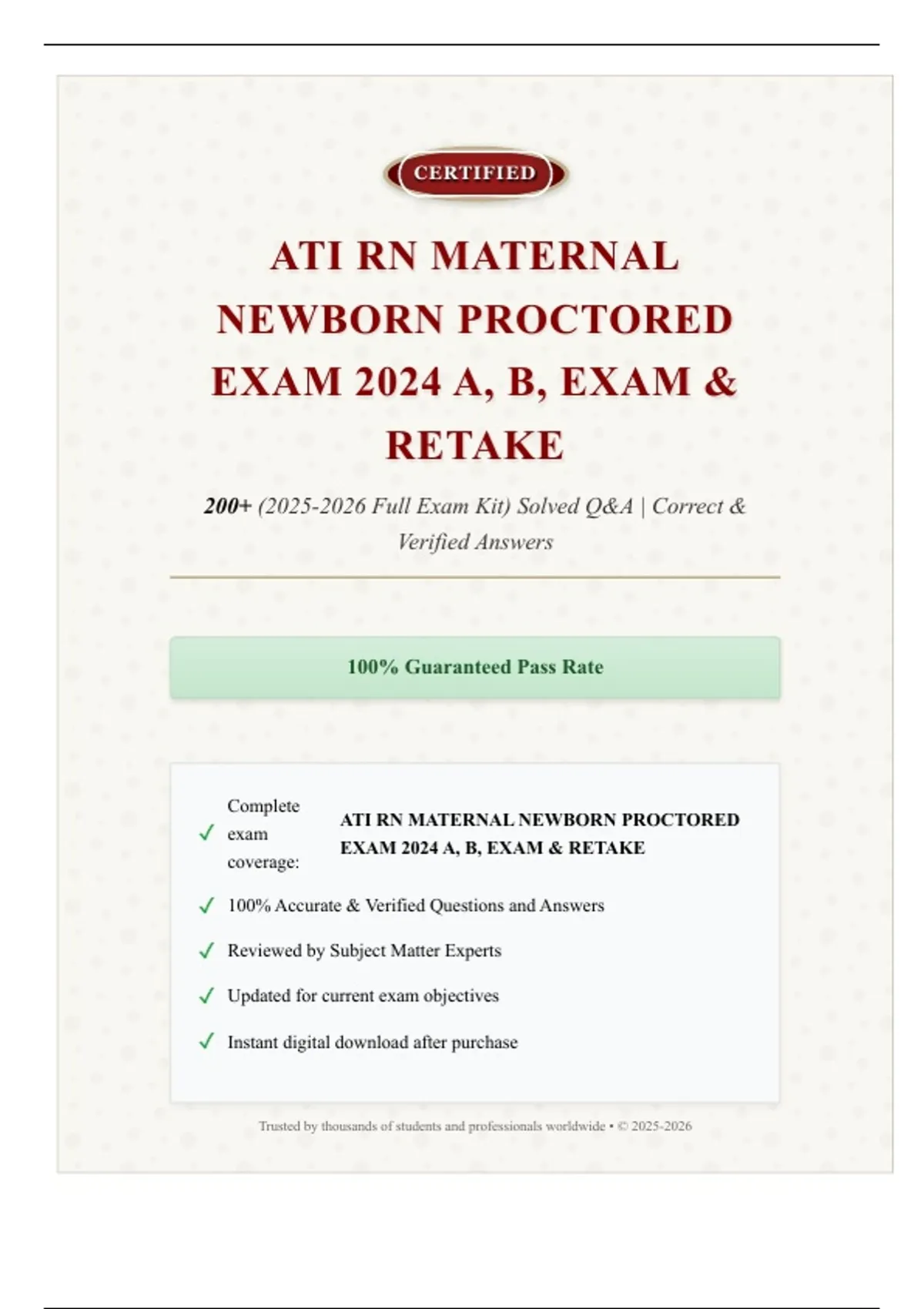 ATI RN MATERNAL NEWBORN PROCTORED EXAM 2024 A, B, EXAM & RETAKE 200 ...