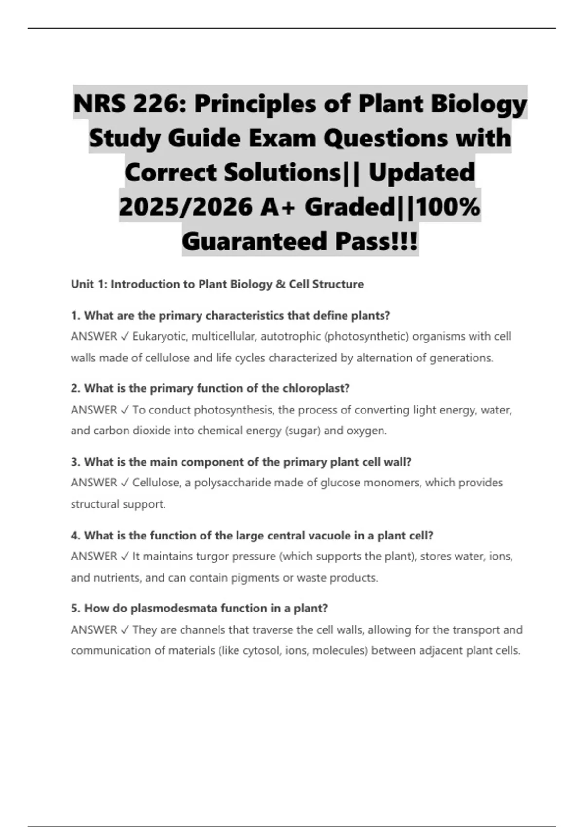 NRS 226: Principles of Plant Biology Study Guide Exam Questions with ...