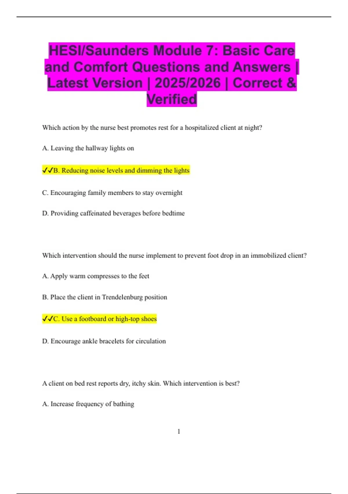 HESI/Saunders Module 7: Basic Care and Comfort Questions and Answers ...