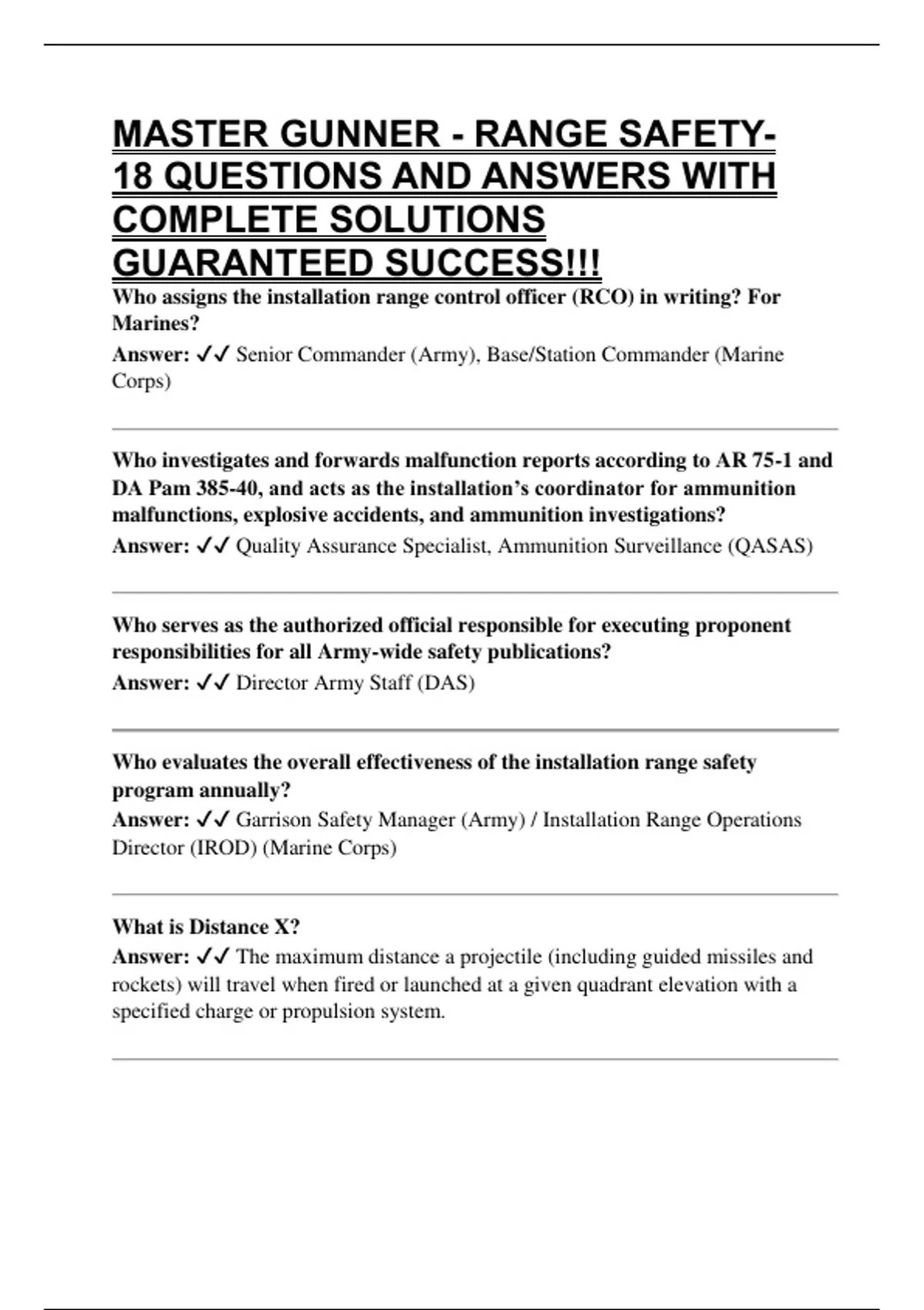 MASTER GUNNER - RANGE SAFETY-18 QUESTIONS AND ANSWERS WITH COMPLETE ...