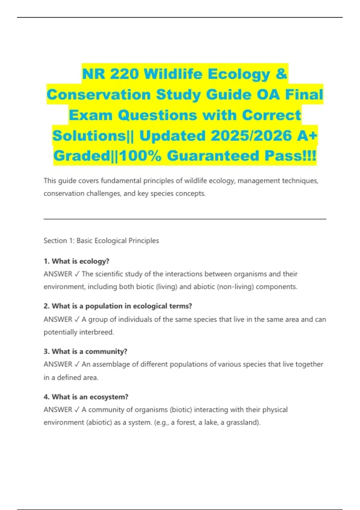 NR 220 Wildlife Ecology & Conservation Study Guide OA Final Exam ...