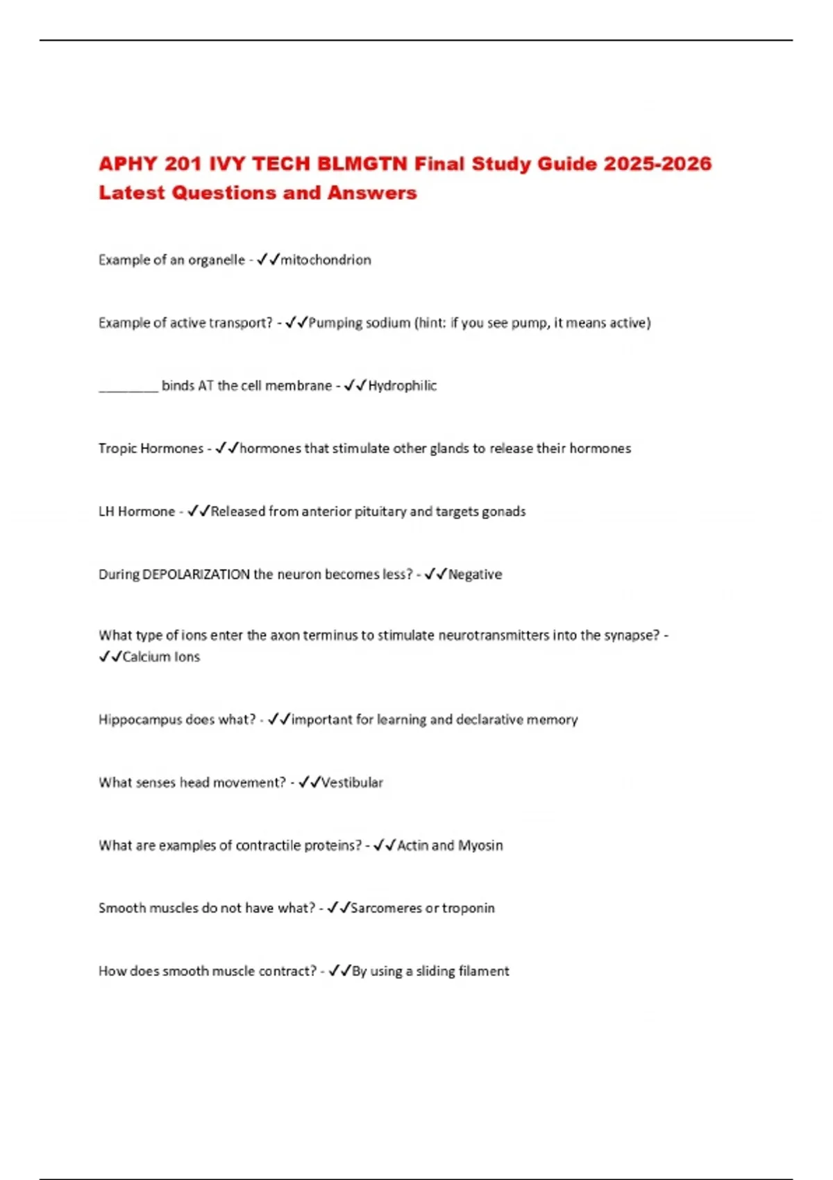 APHY 201 IVY TECH BLMGTN Final Study Guide Latest Questions and Answers ...