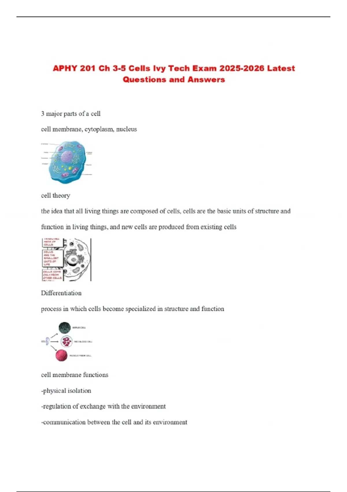 APHY 201 Ch 3-5 Cells Ivy Tech Exam Latest Questions and Answers - APHY ...