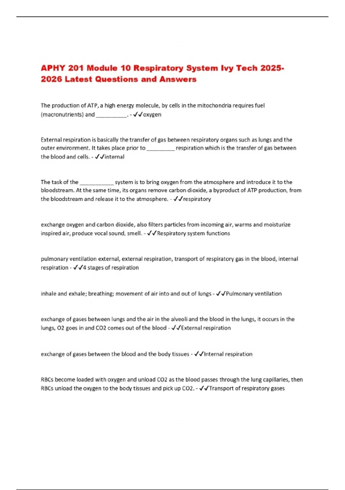 APHY 201 Module 10 Respiratory System Ivy Tech Latest Questions and ...