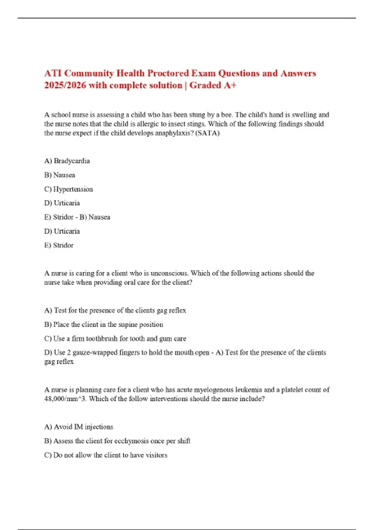 ATI Community Health Proctored Exam Questions and Answers 2025/2026 ...