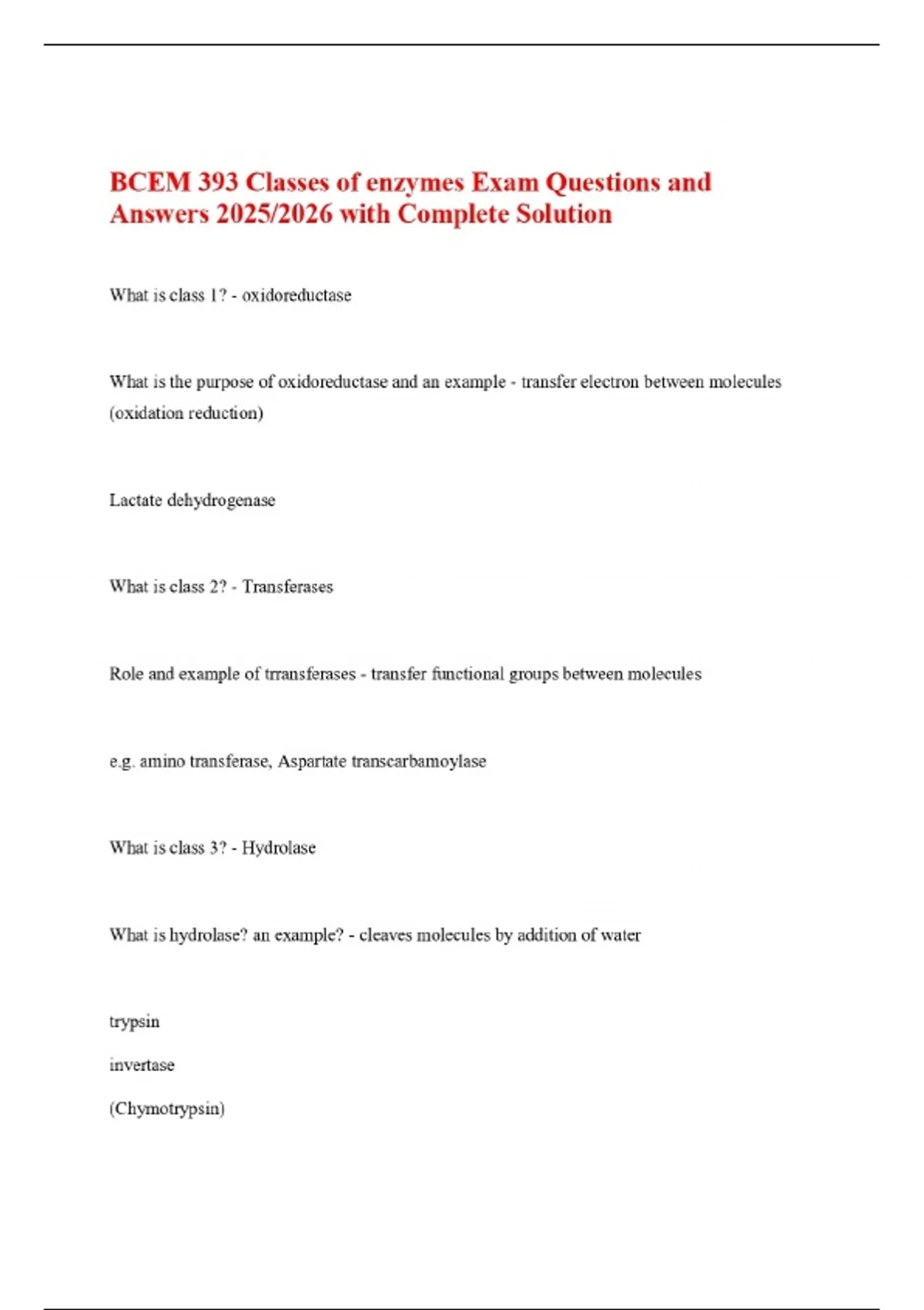 BCEM 393 Classes of enzymes Exam Questions and Answers 2025/2026 with ...