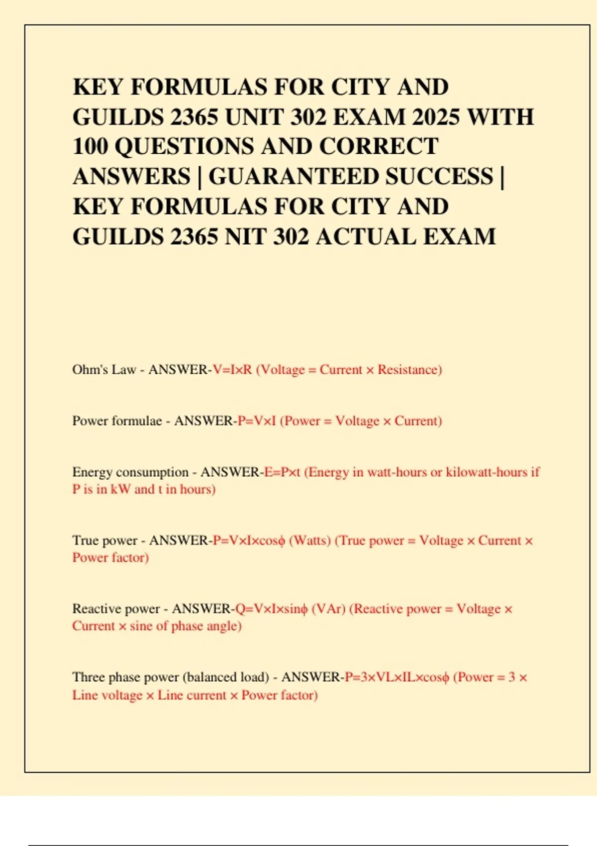 KEY FORMULAS FOR CITY AND GUILDS 2365 UNIT 302 EXAM 2025 WITH 100 ...